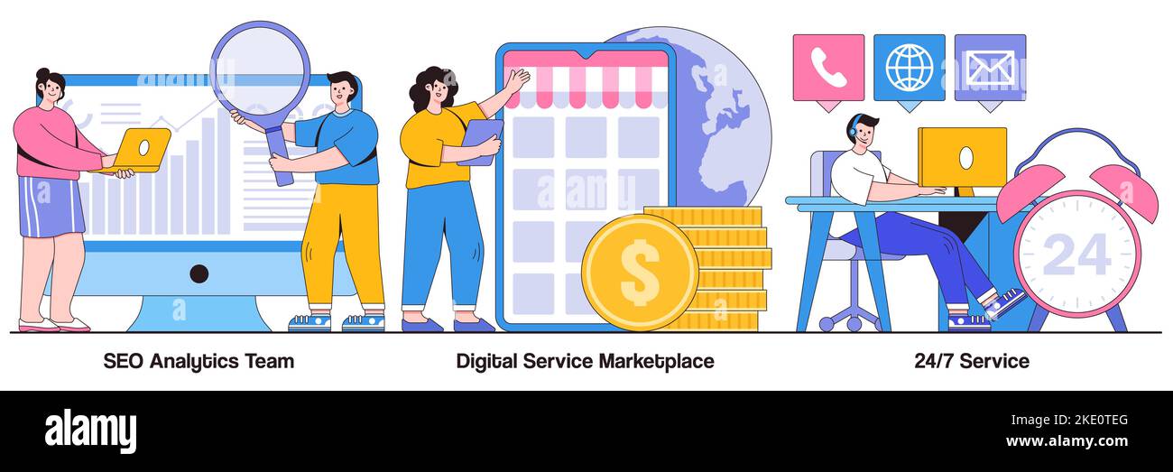 Seo analytics team, digital service marketplace, 24-7 service concept ...