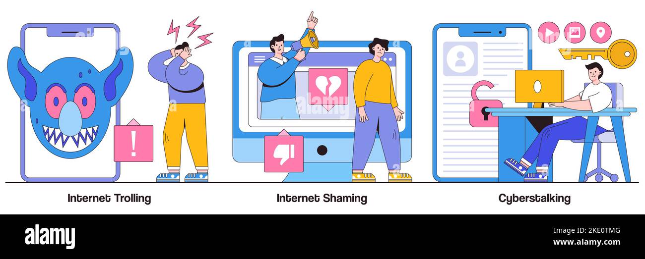 Internet trolling, digital shaming, cyberstalking concept with people characters. Social media ...