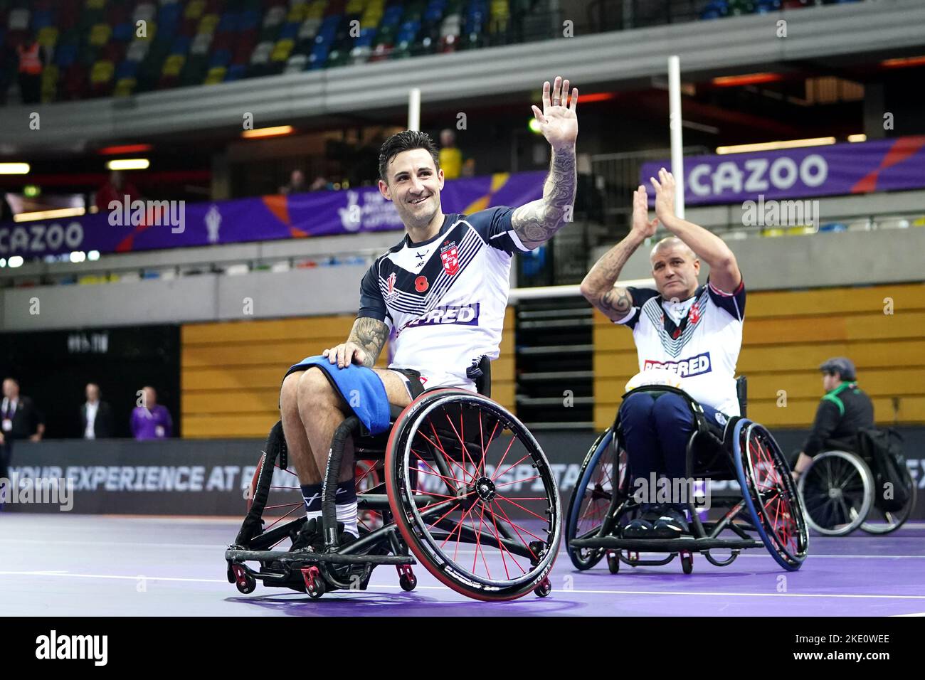 England's Lewis King applauds fans after the Wheelchair Rugby League ...