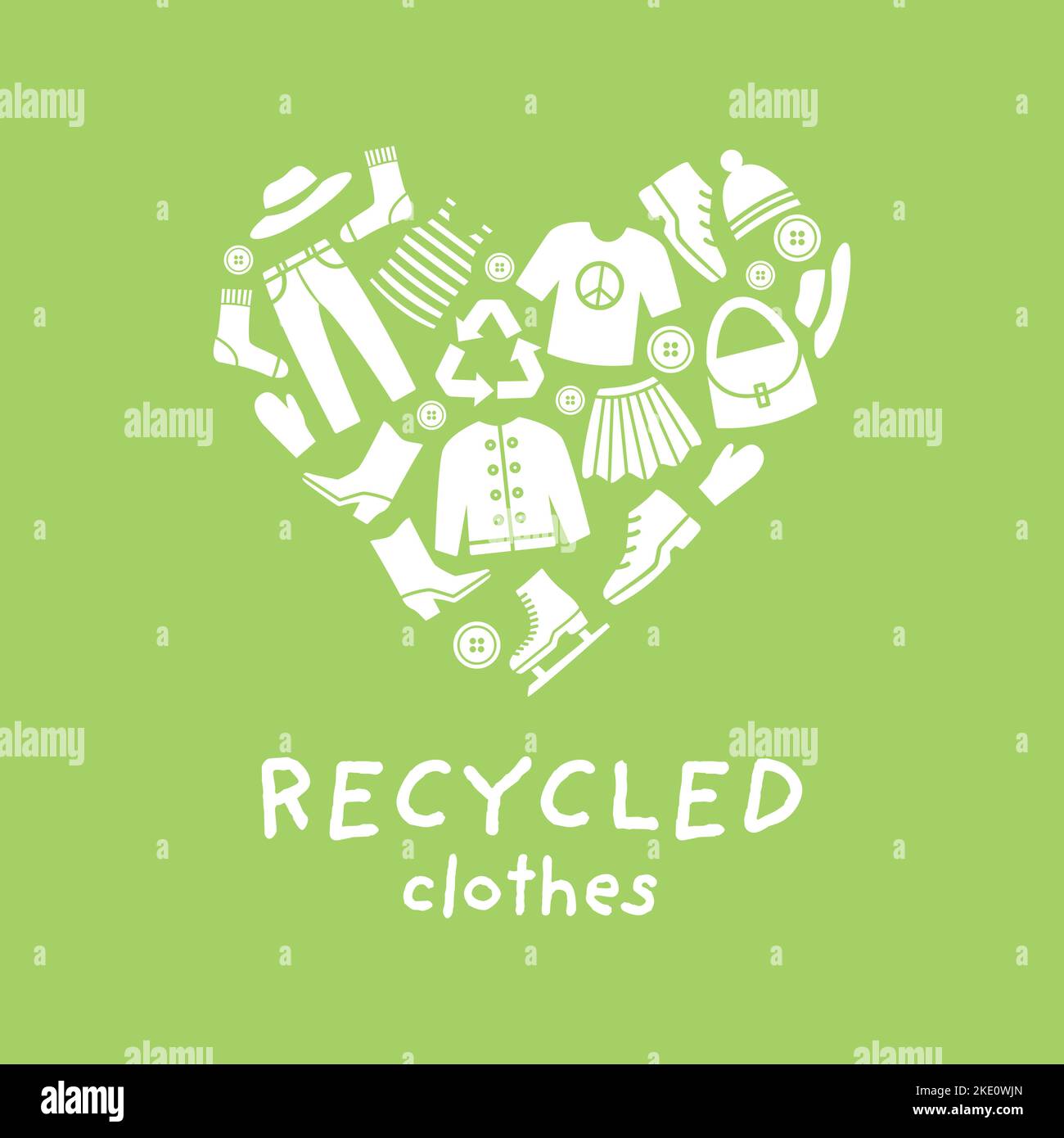 Recycled clothes vector illustration. Clothing icons in heart shape ...