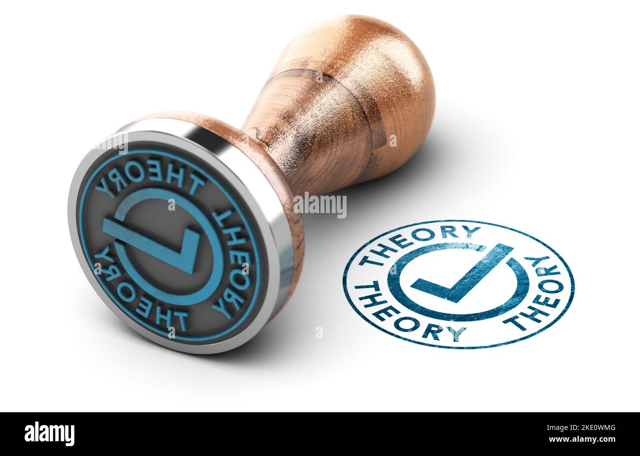 Round rubber stamp with the word theory and a check mark Over White ...