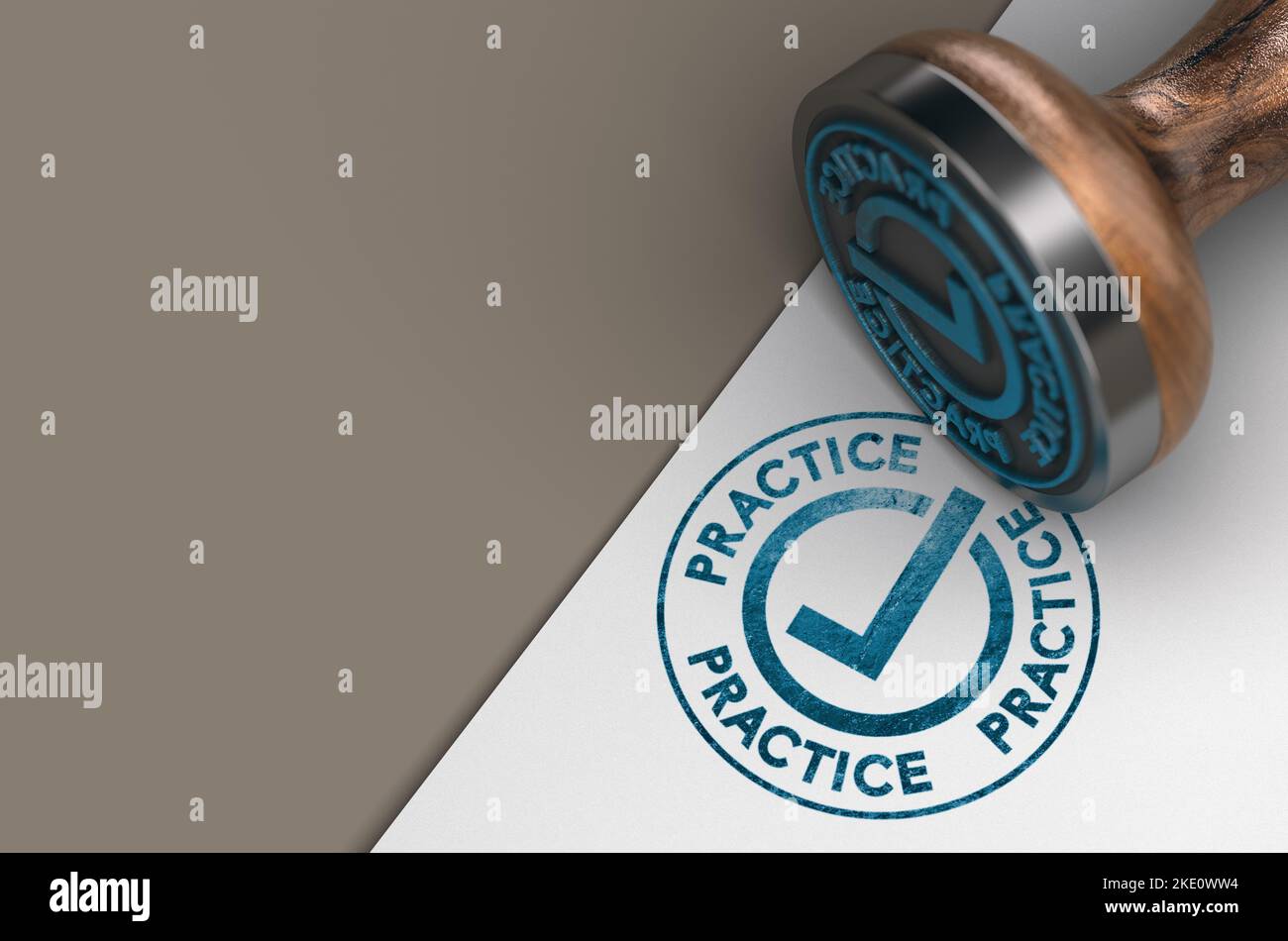 Word practice and check mark stamped on white paper sheet with wooden ...