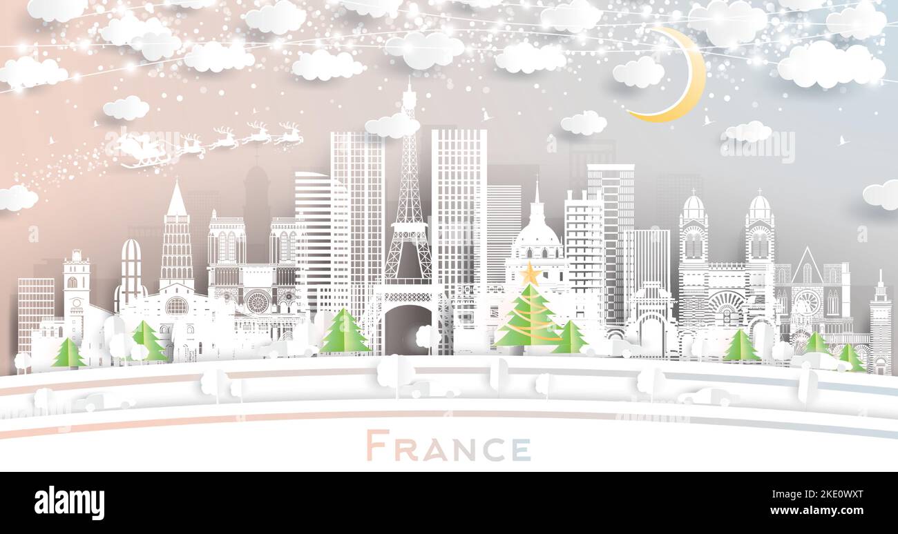 France City Skyline in Paper Cut Style with Snowflakes, Moon and Neon ...