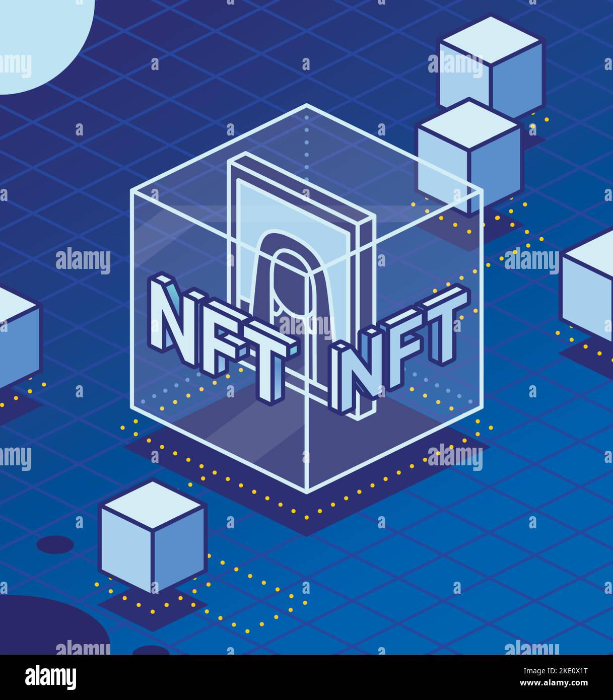 Isometric NFT. Artwork Inside of Transparent Cube. Blockchain Technology. Vector Illustration ...