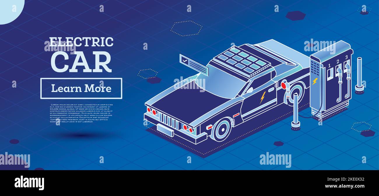 Electric Vehicle on Charging Station. Isometric Outline Concept. Vector Illustration. Car ...