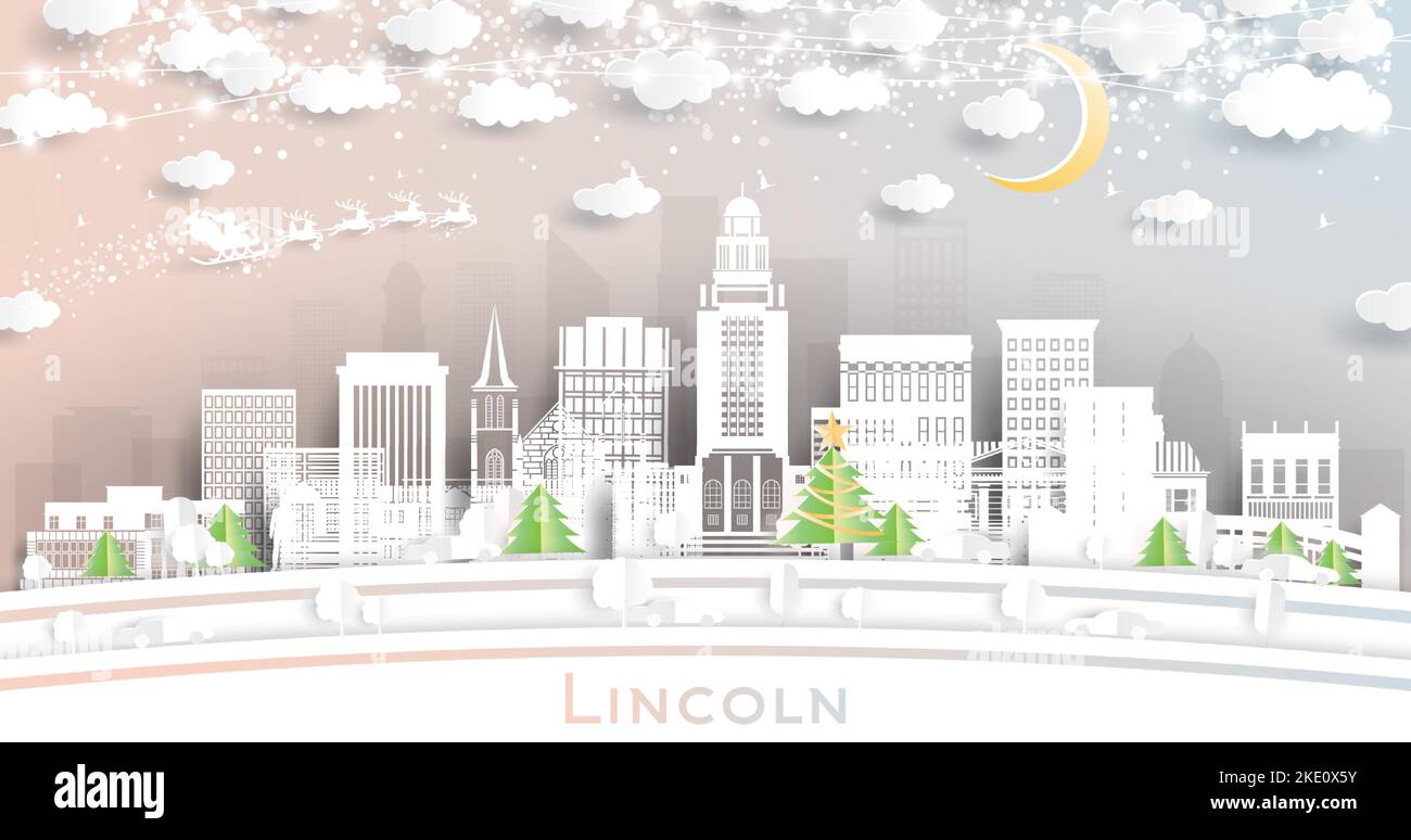 Lincoln Nebraska City Skyline in Paper Cut Style with Snowflakes, Moon ...