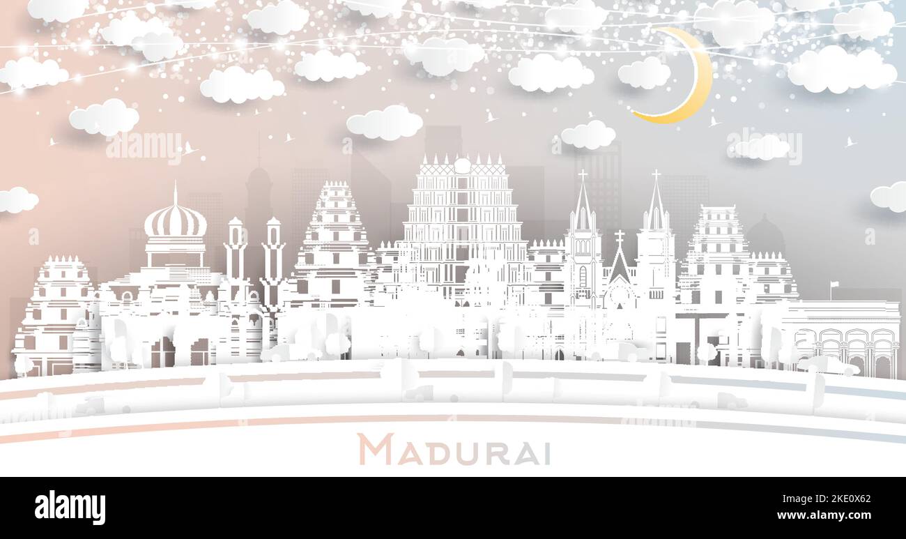 Madurai India City Skyline in Paper Cut Style with White Buildings ...
