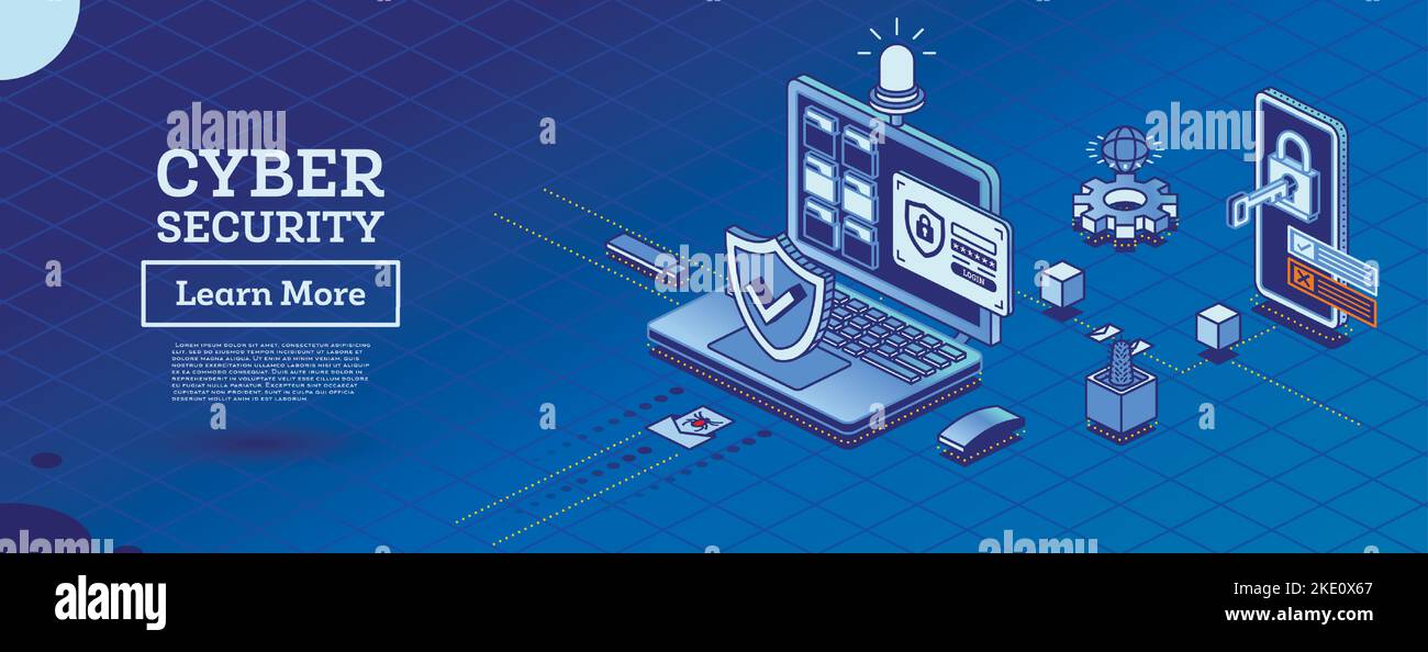 Cyber Security Concept. Shield Symbol. Isometric Laptop and Smartphone with Key Inserted in Lock ...