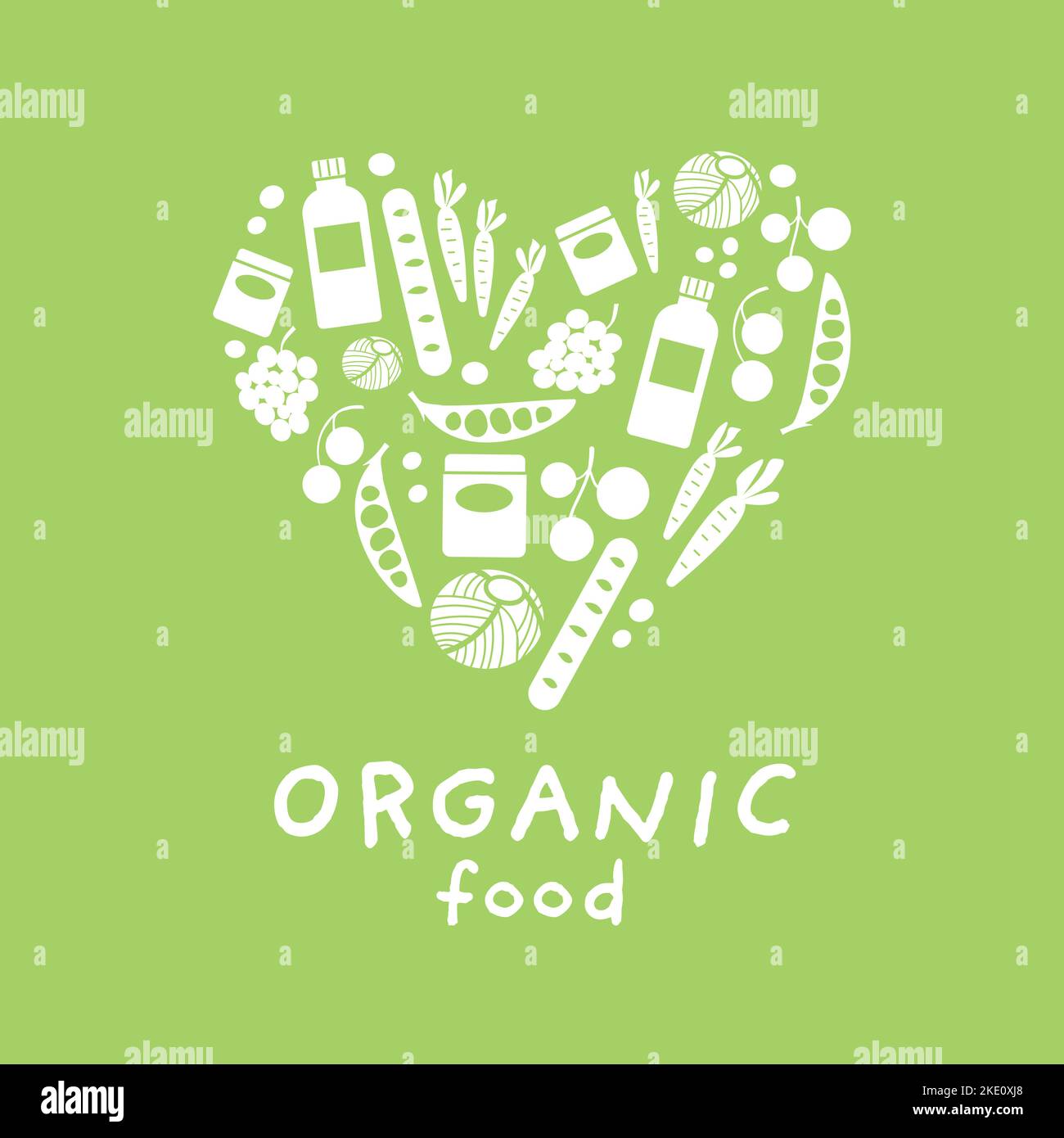 Organic food icons in heart shape. Various healthy food items. Organic ...
