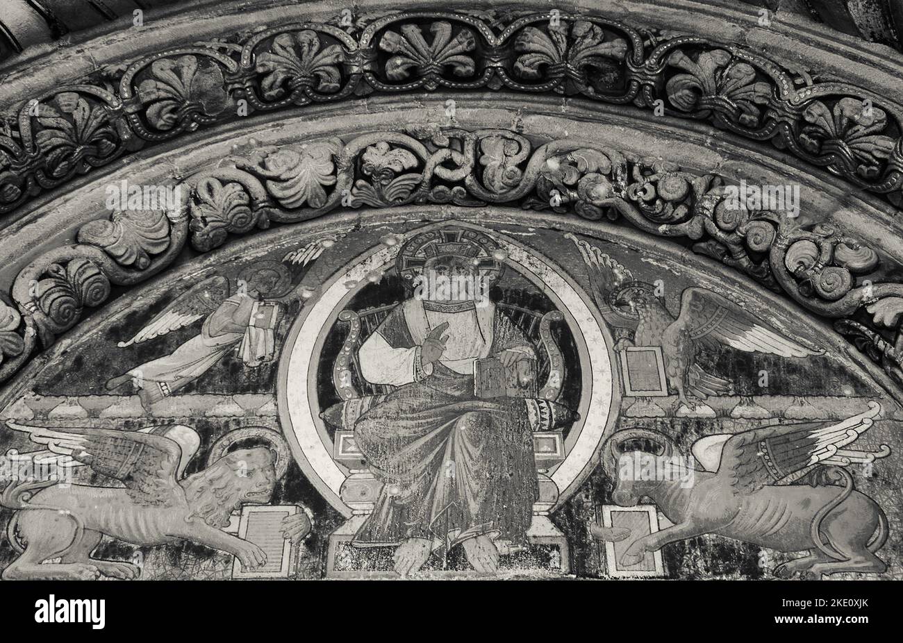 Jesus Christ surrounded by Four Evangelists (represented as winged angel, lion, ox and eagle ...