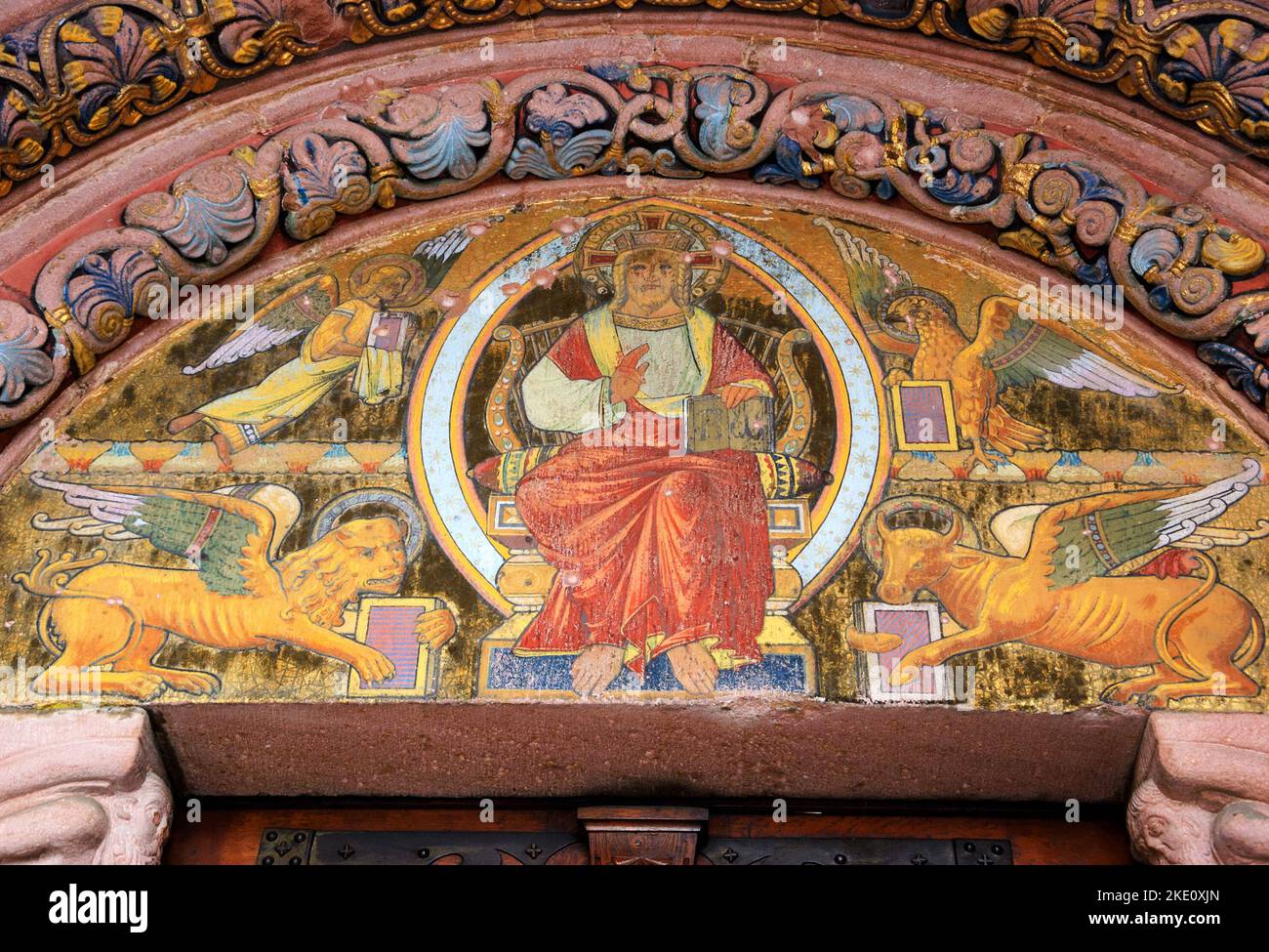 Jesus Christ surrounded by Four Evangelists (represented as winged angel, lion, ox and eagle ...