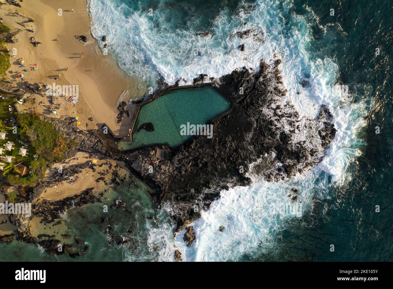 An aerial view of Boucan-Canot beach in the west of Reunion Island on a ...