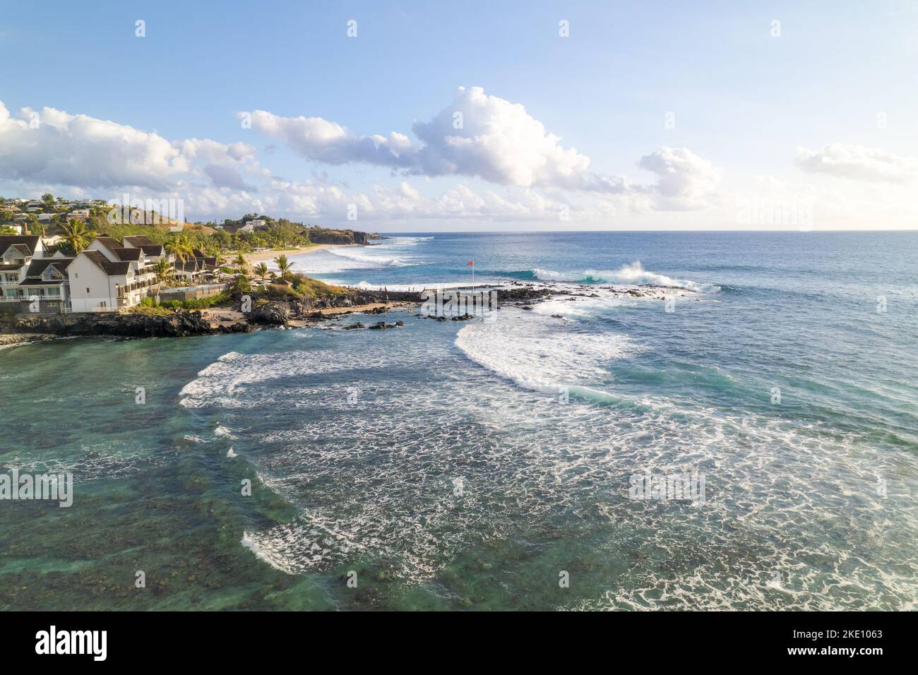 An aerial view of Boucan-Canot beach in the west of Reunion Island on a ...