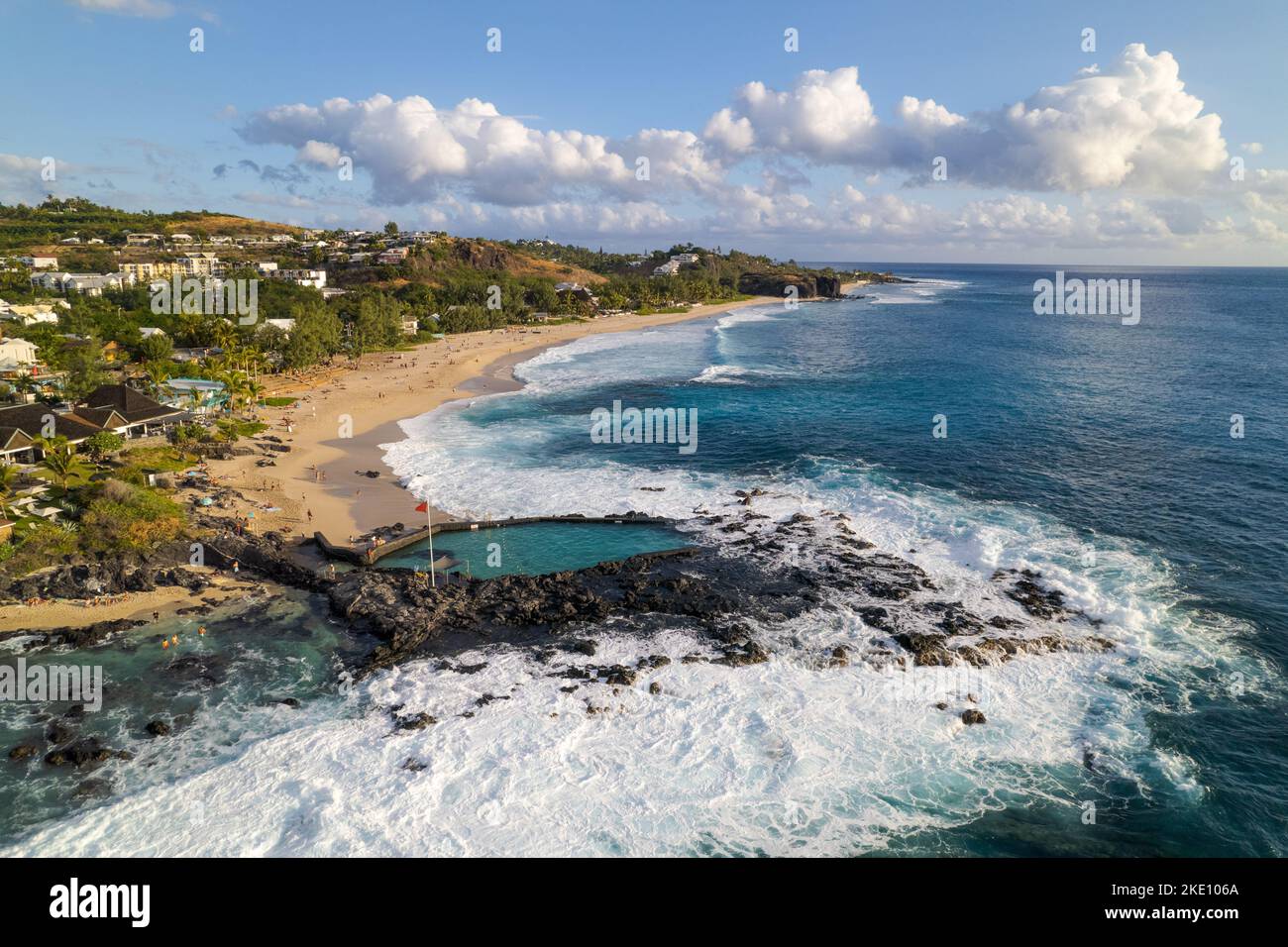An aerial view of Boucan-Canot beach in the west of Reunion Island on a ...