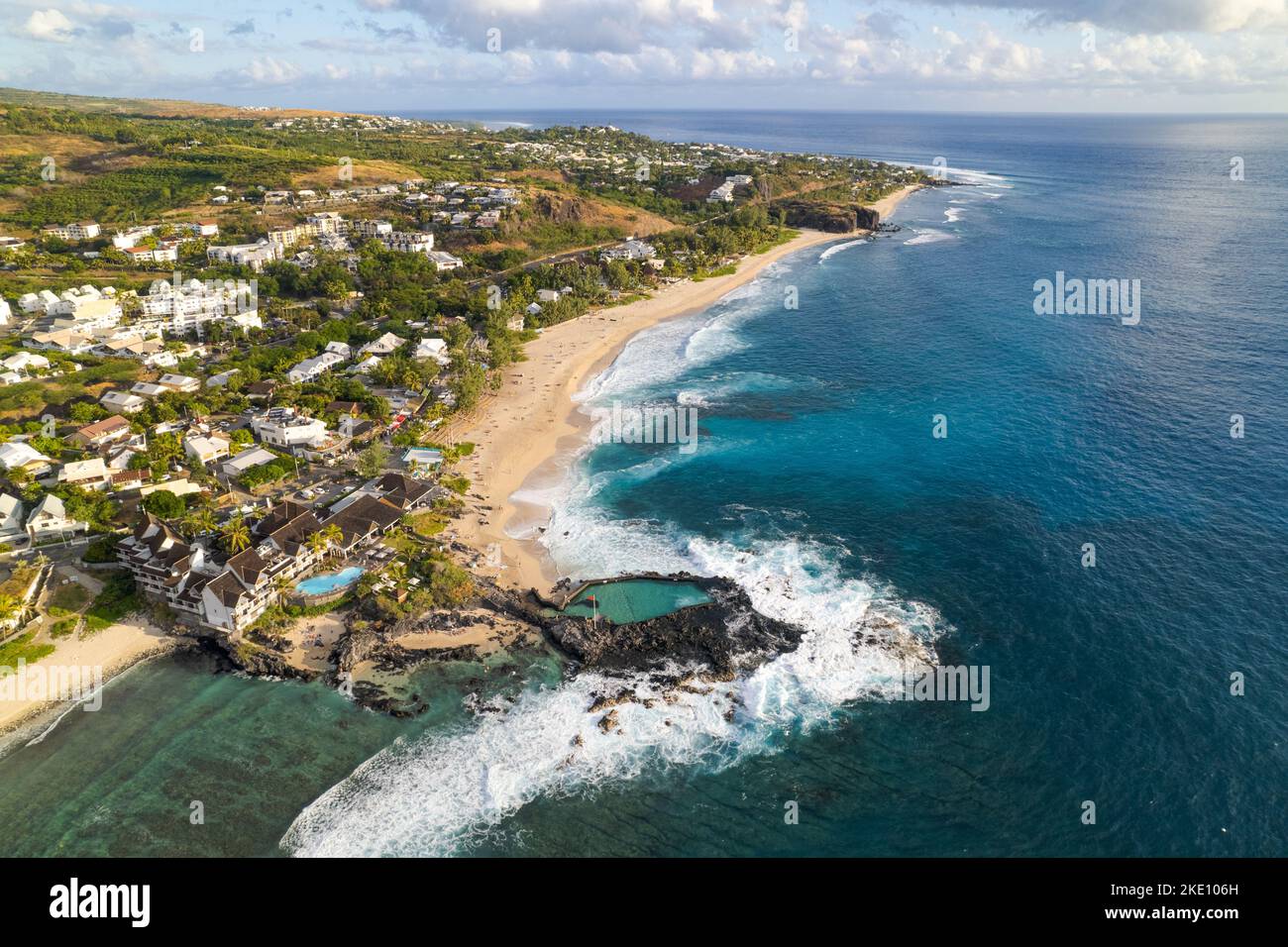 An aerial view of Boucan-Canot beach in the west of Reunion Island on a ...