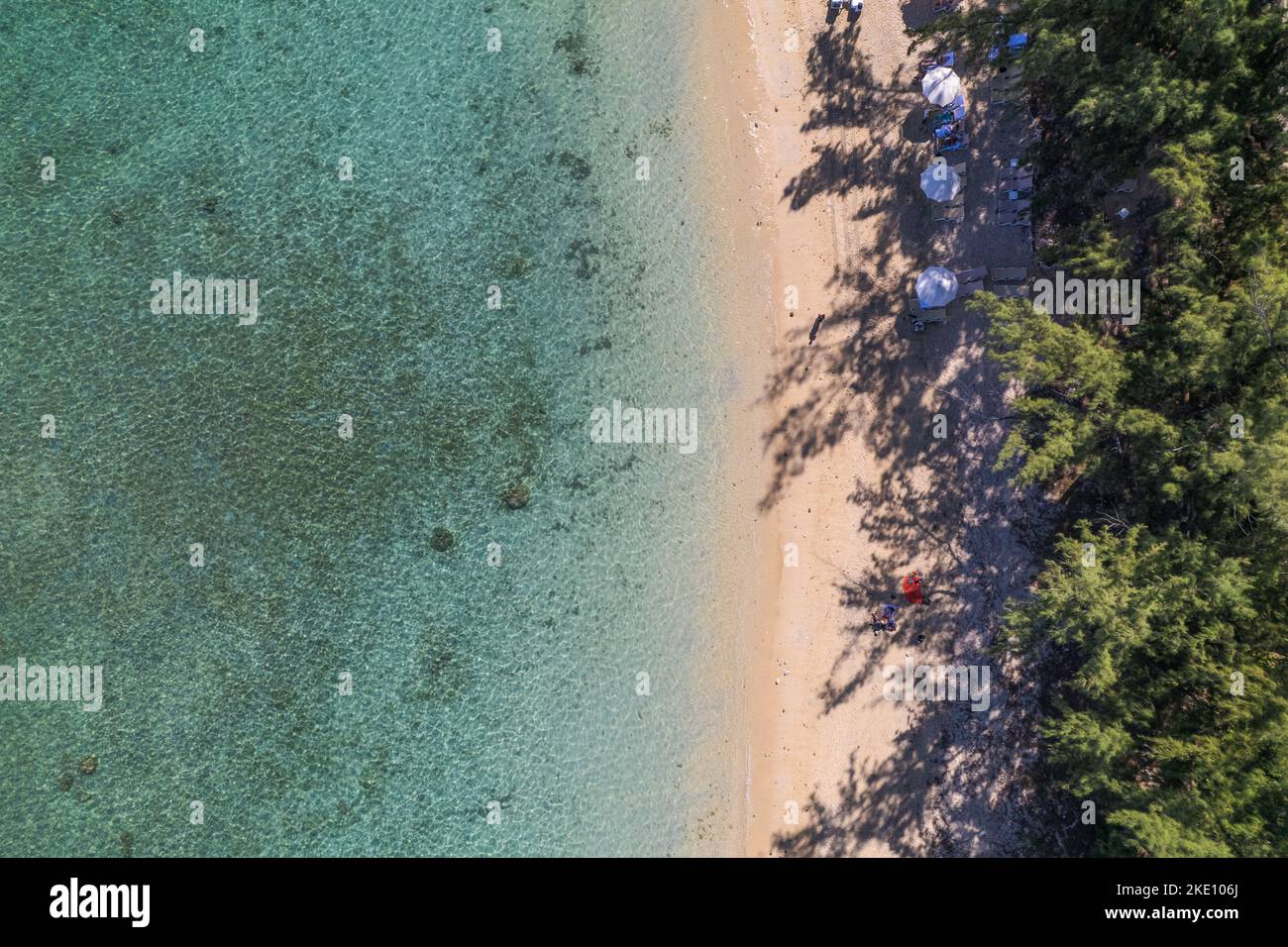 An aerial view of Boucan-Canot beach in the west of Reunion Island on a ...