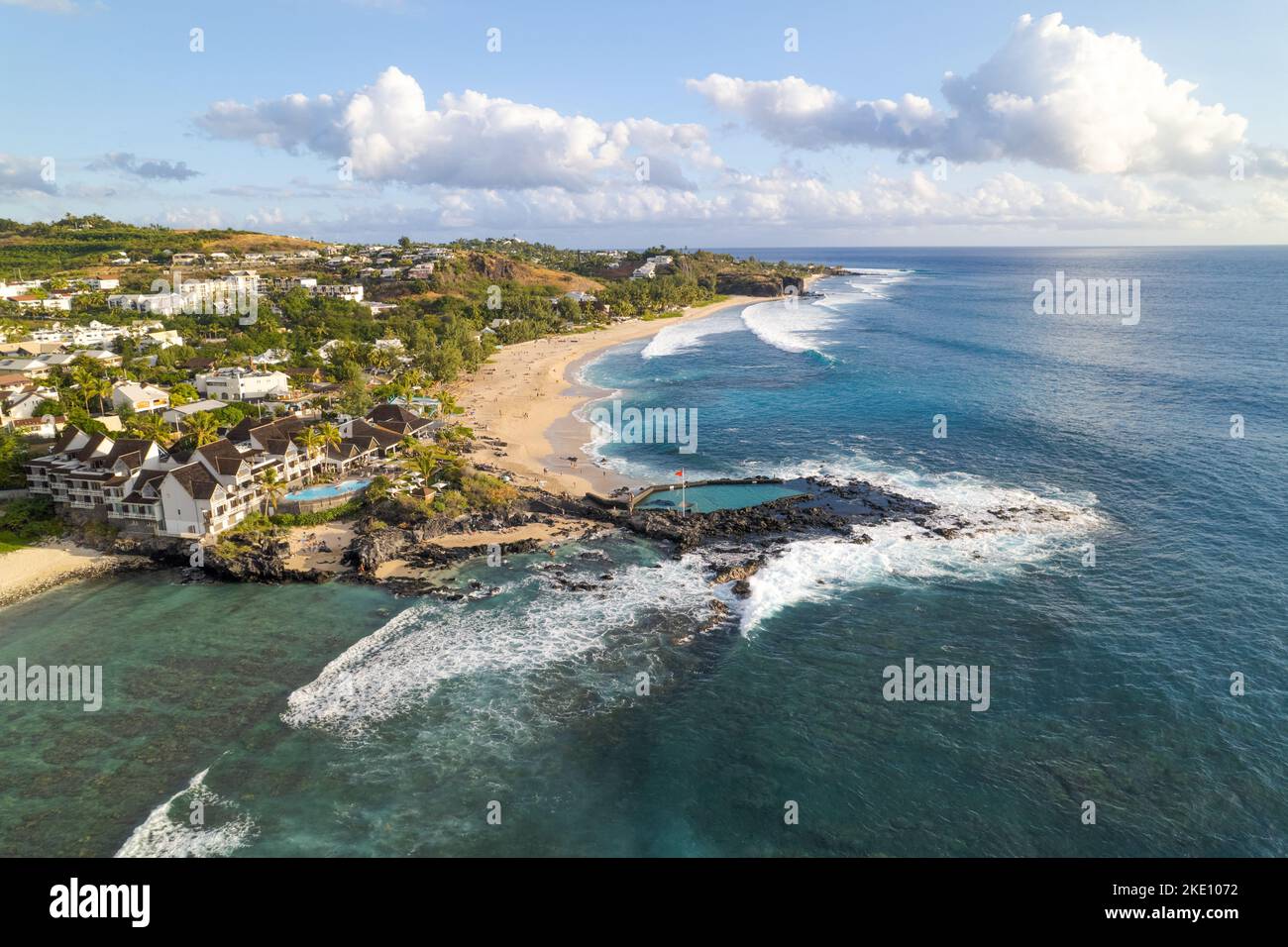 An aerial view of Boucan-Canot beach in the west of Reunion Island on a ...