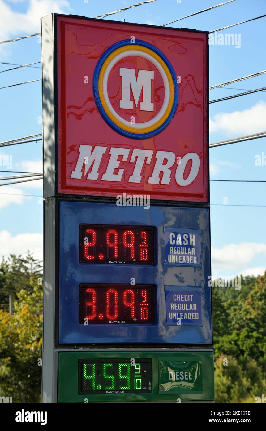 Southington, Connecticut, USA. Pricing sign at a Metro service station ...