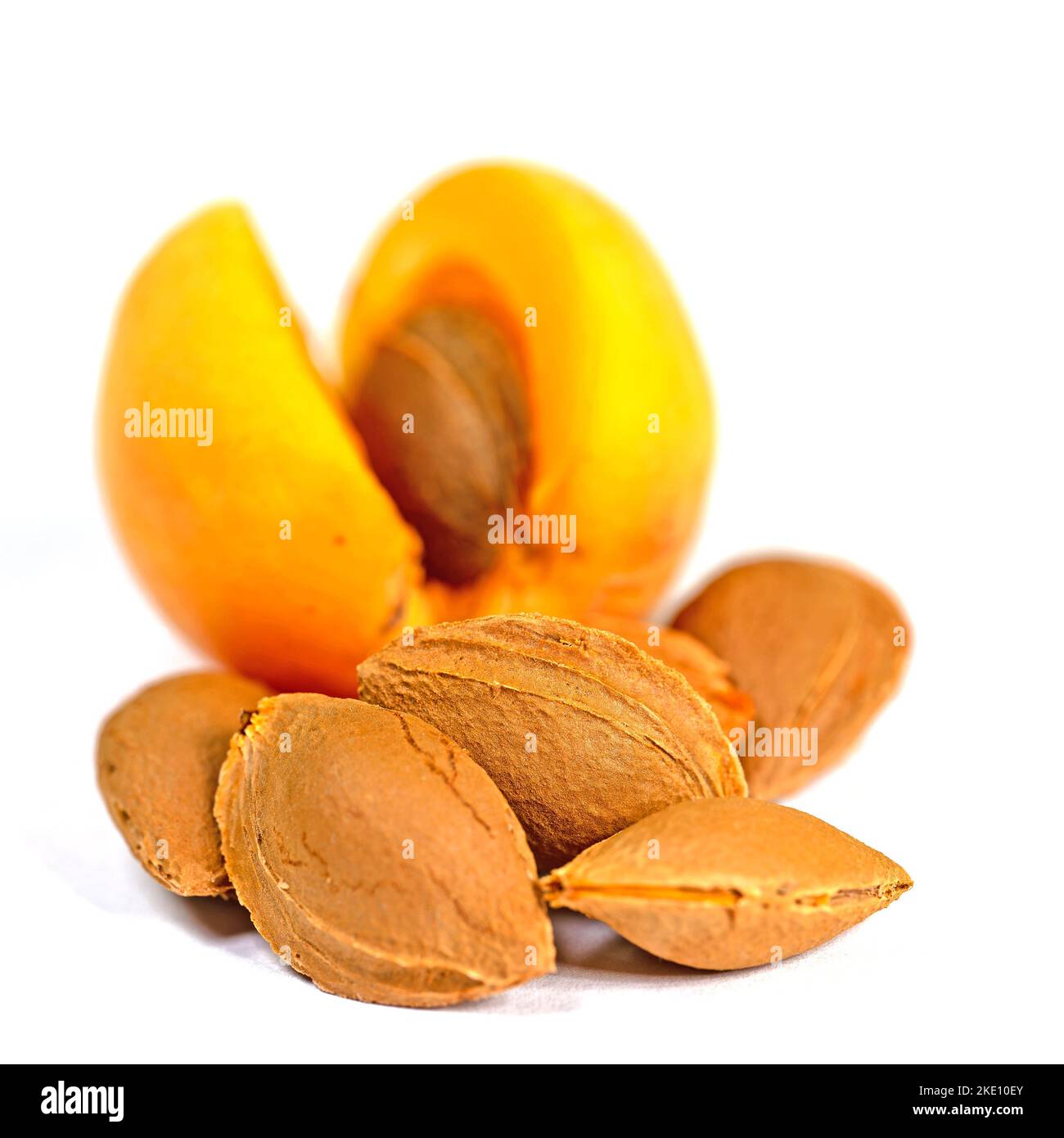 Apricot kernels and apricots against white background Stock Photo - Alamy
