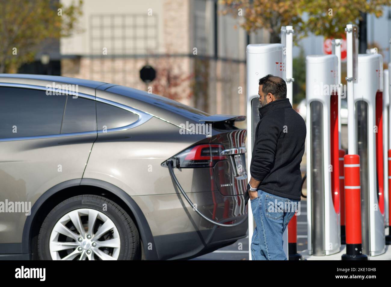 South Barrington, Illinois, USA. A Tesla being recharged at a Tesla ...