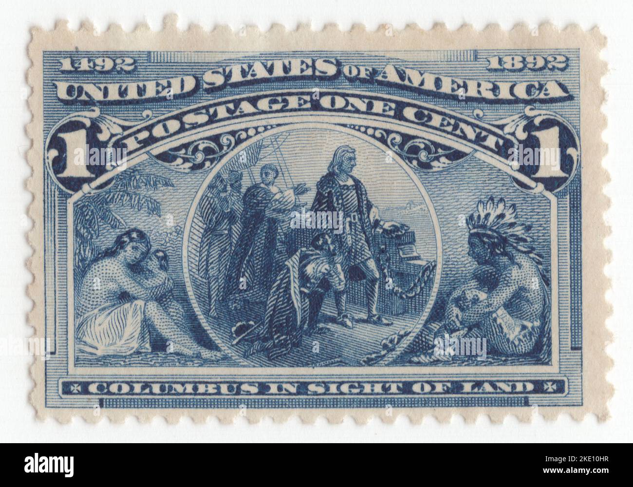 USA - 1893: An 1 cent deep blue postage stamp depicting scene Columbus ...