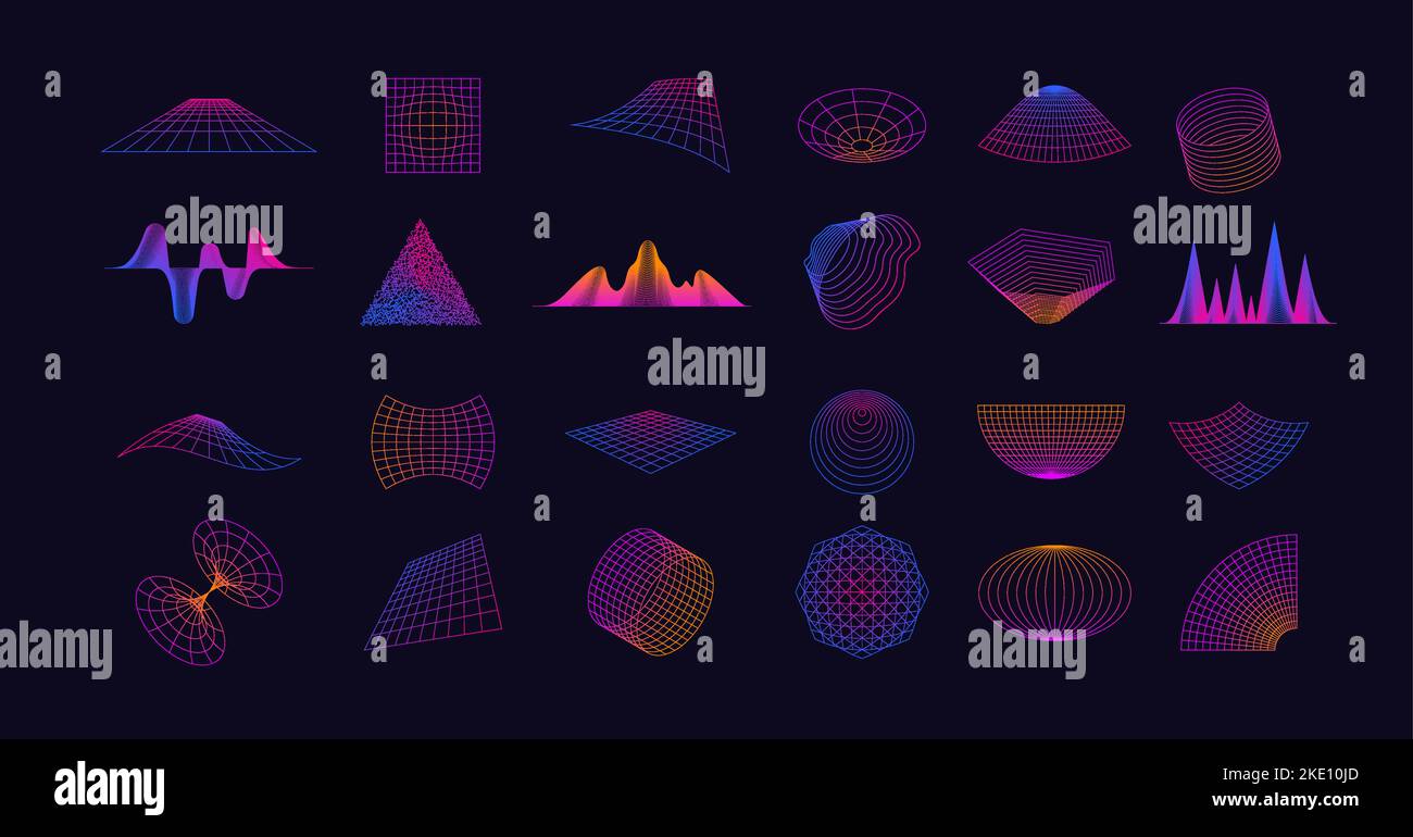Neon grid collection. Retro cyberpunk glitch elements, abstract futuristic geometric shapes for ...