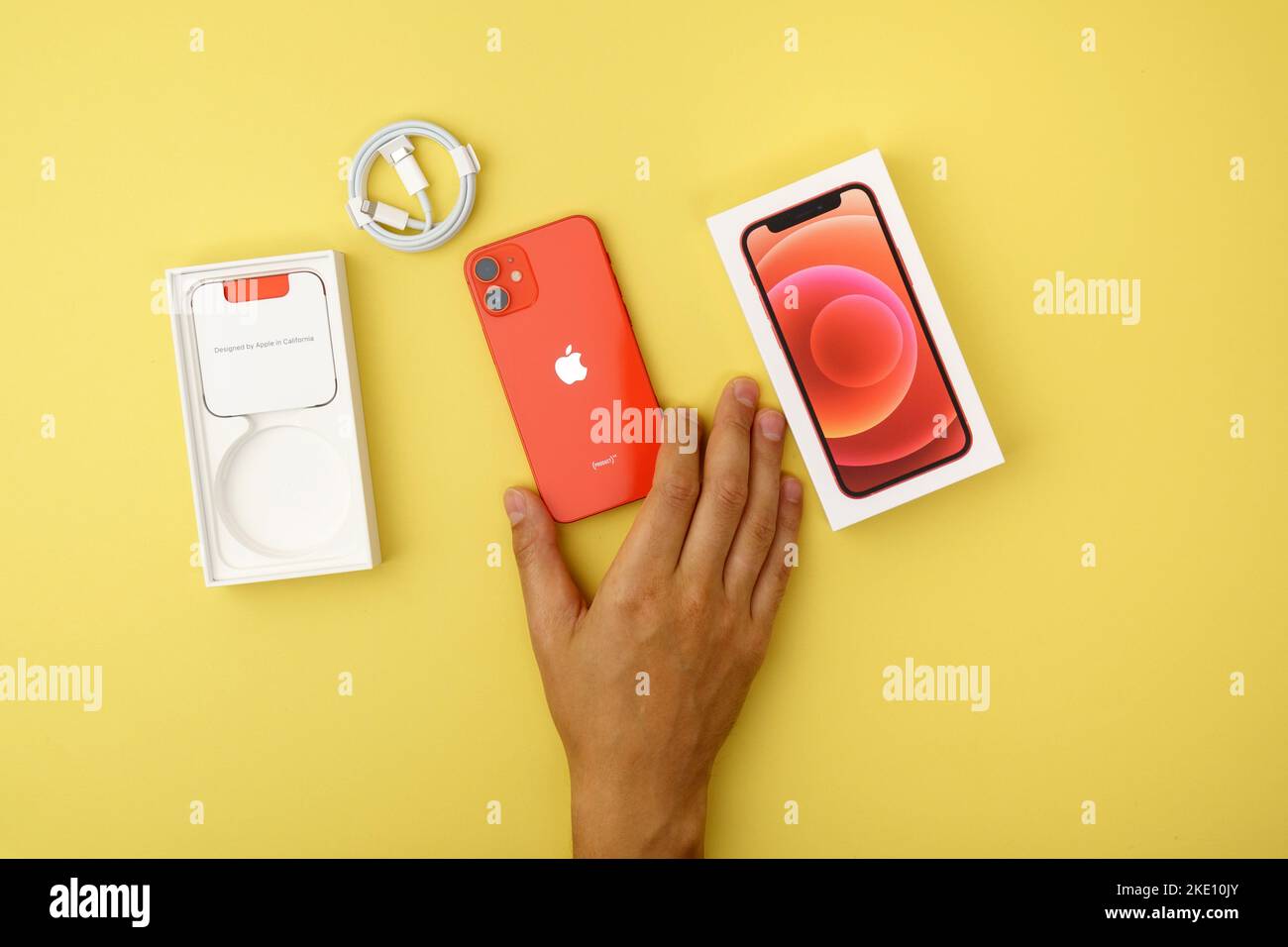 Tyumen, Russia-July 18, 2022: iPhone 12 mini Product red with retail ...