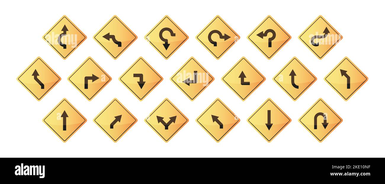 Arrow road sign. Navigation street highway speed warning roundabout reverse symbols, curves ...