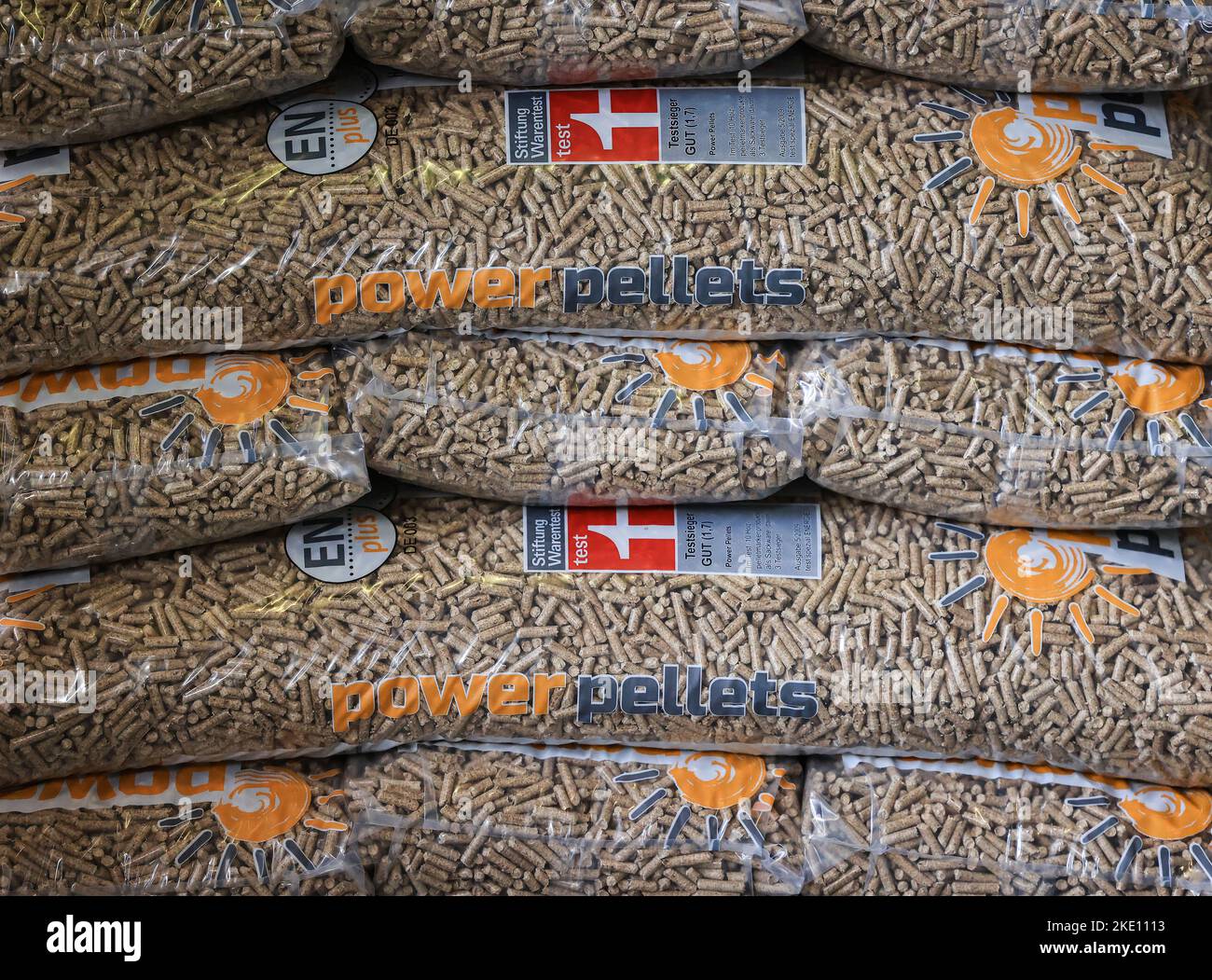 Eslohe, Germany. 09th Nov, 2022. Pressed wood pellets lie in bags on a ...