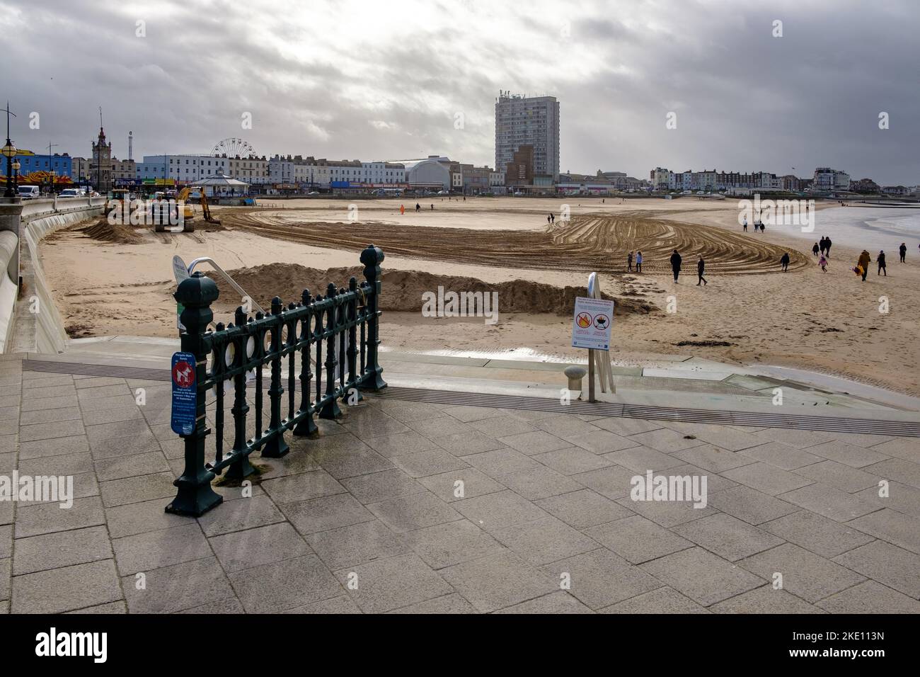 The view across Margate Beach on a February day. Diggers are out on the ...