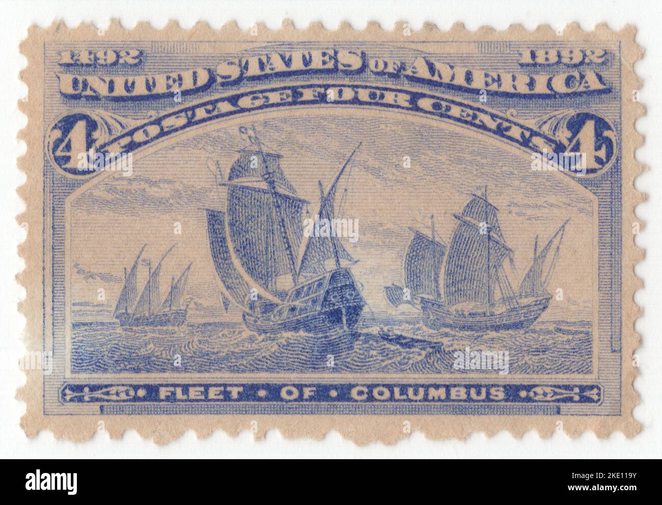 USA - 1893: An 4 cents ultramarine postage stamp depicting Fleet of ...