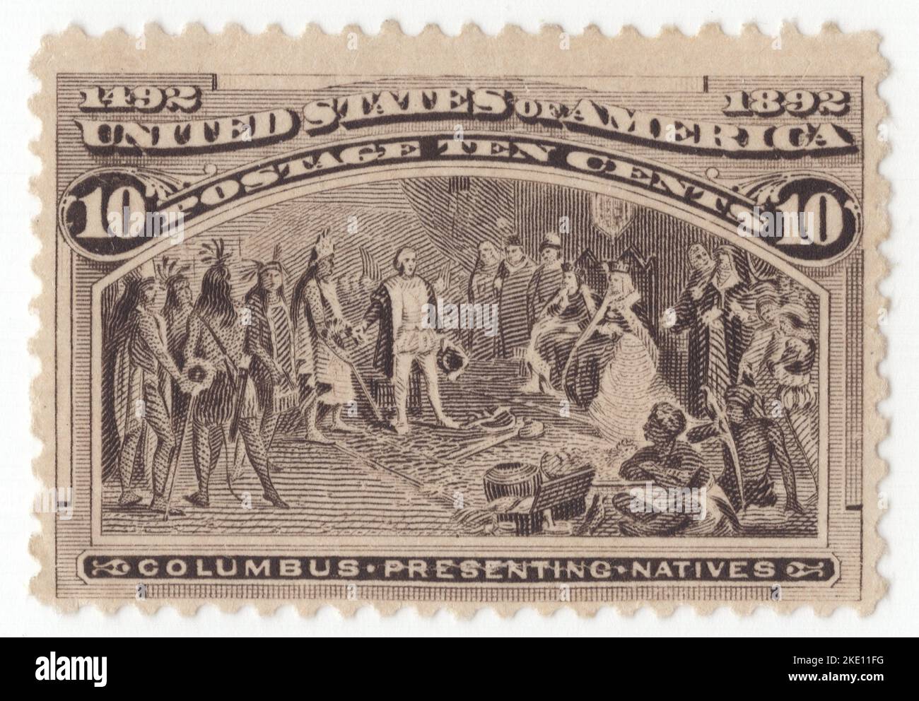 USA - 1893: An 10 cents black-brown postage stamp depicting scene ...