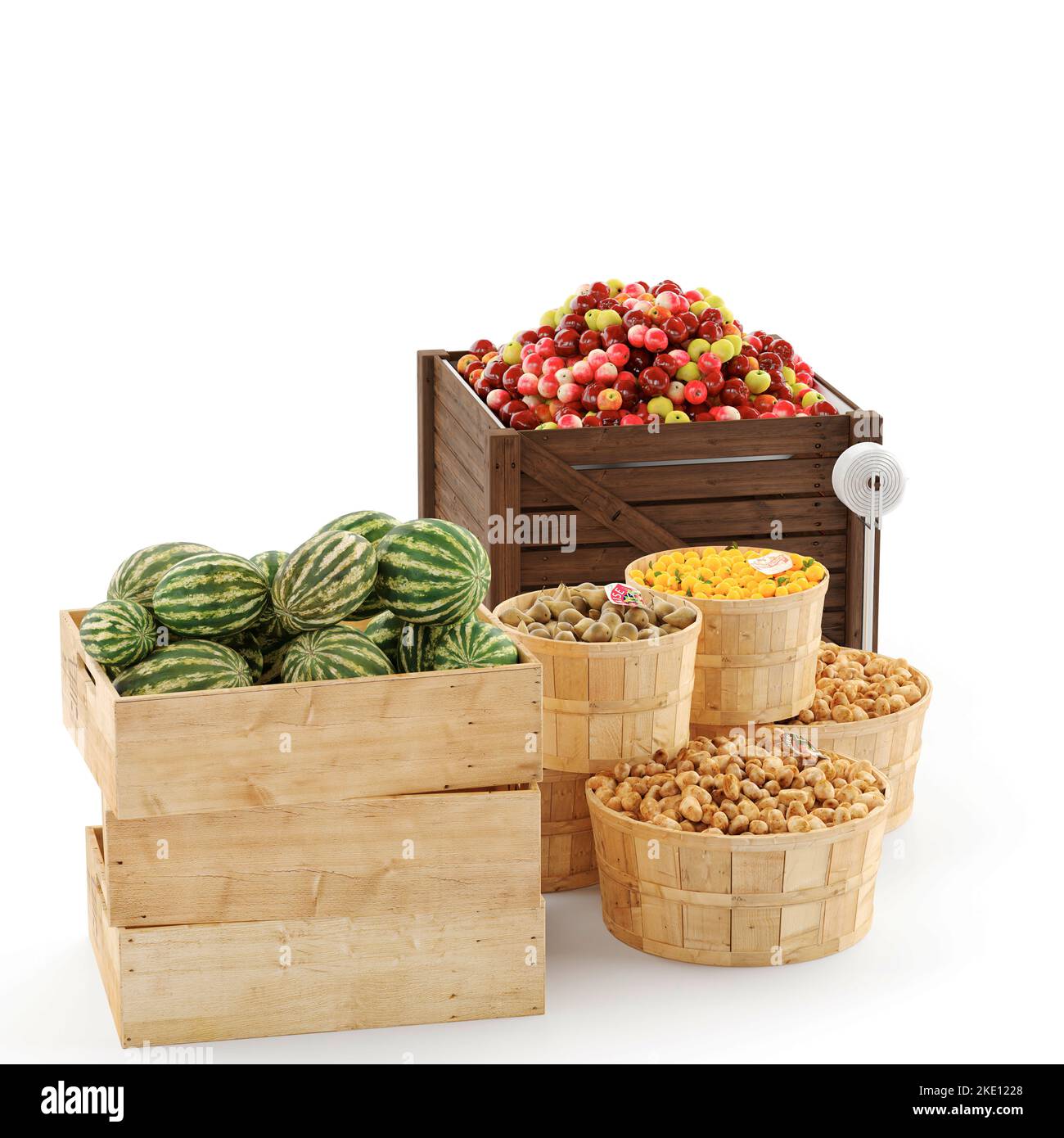 A 3D render of wooden crates of fruits and nuts isolated on a white ...