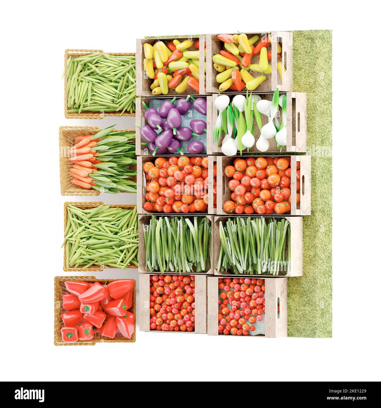 A 3D render of wooden market crates of fruits and vegetables isolated ...