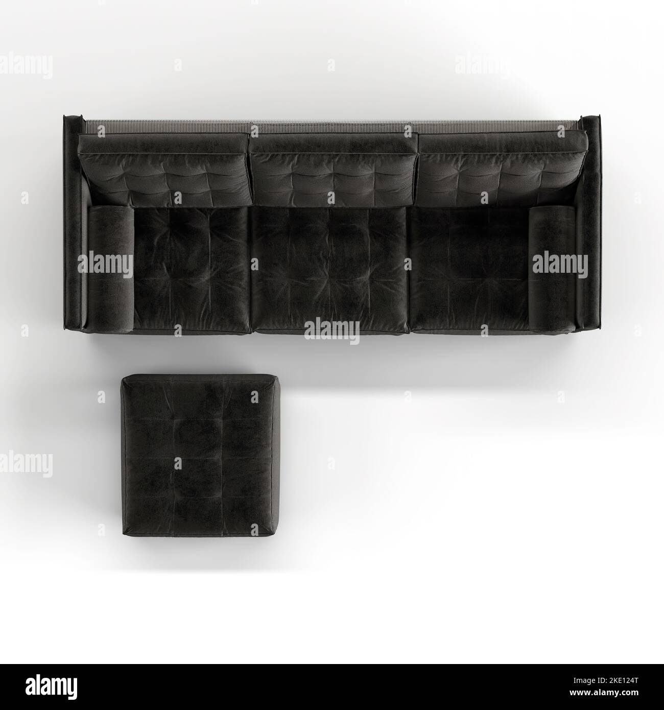 A 3D render of a large black leather sofa and a foot seat isolated on a ...