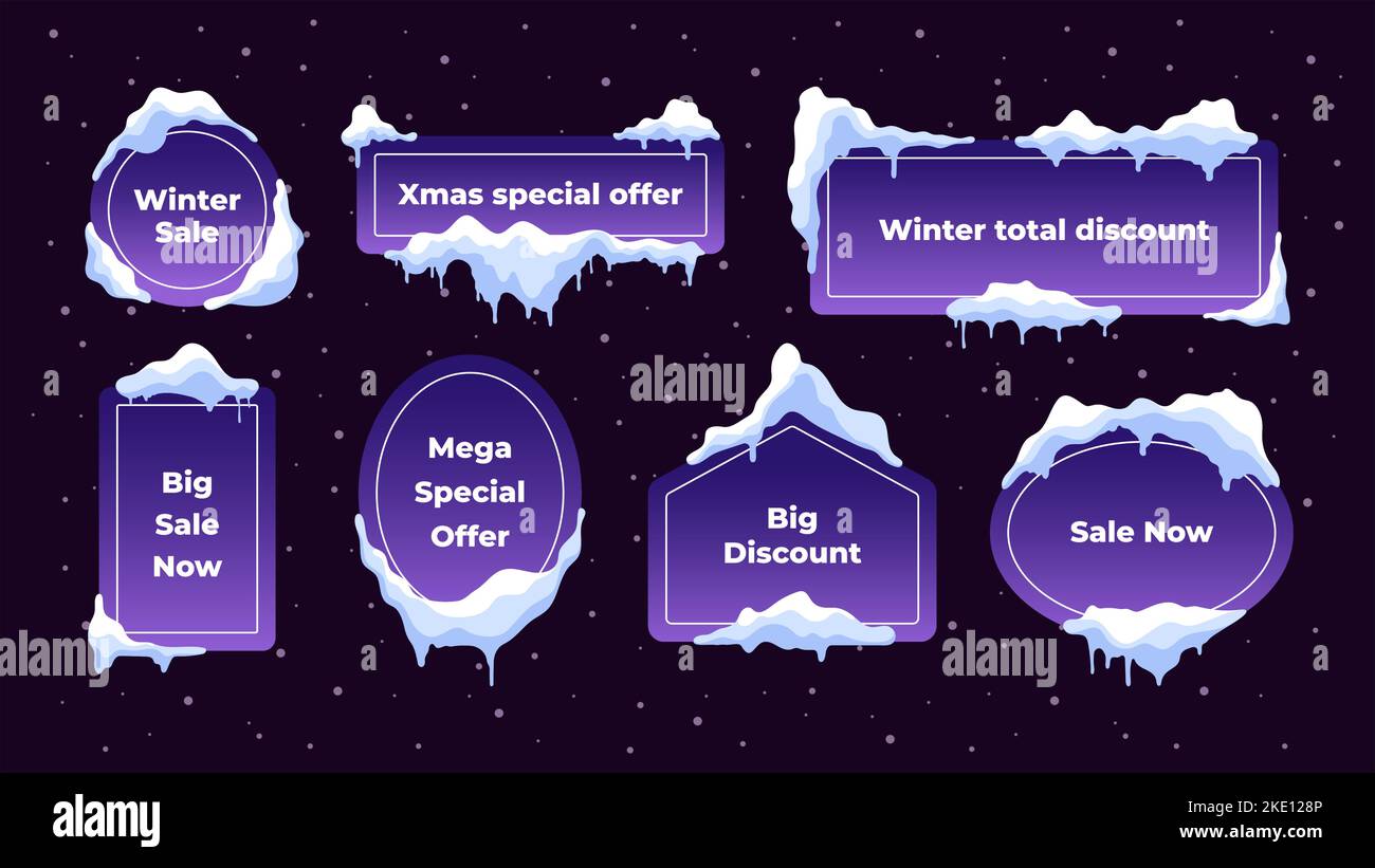 Snow cap banners. Winter frost snowdrift heap flame with text, frozen ...