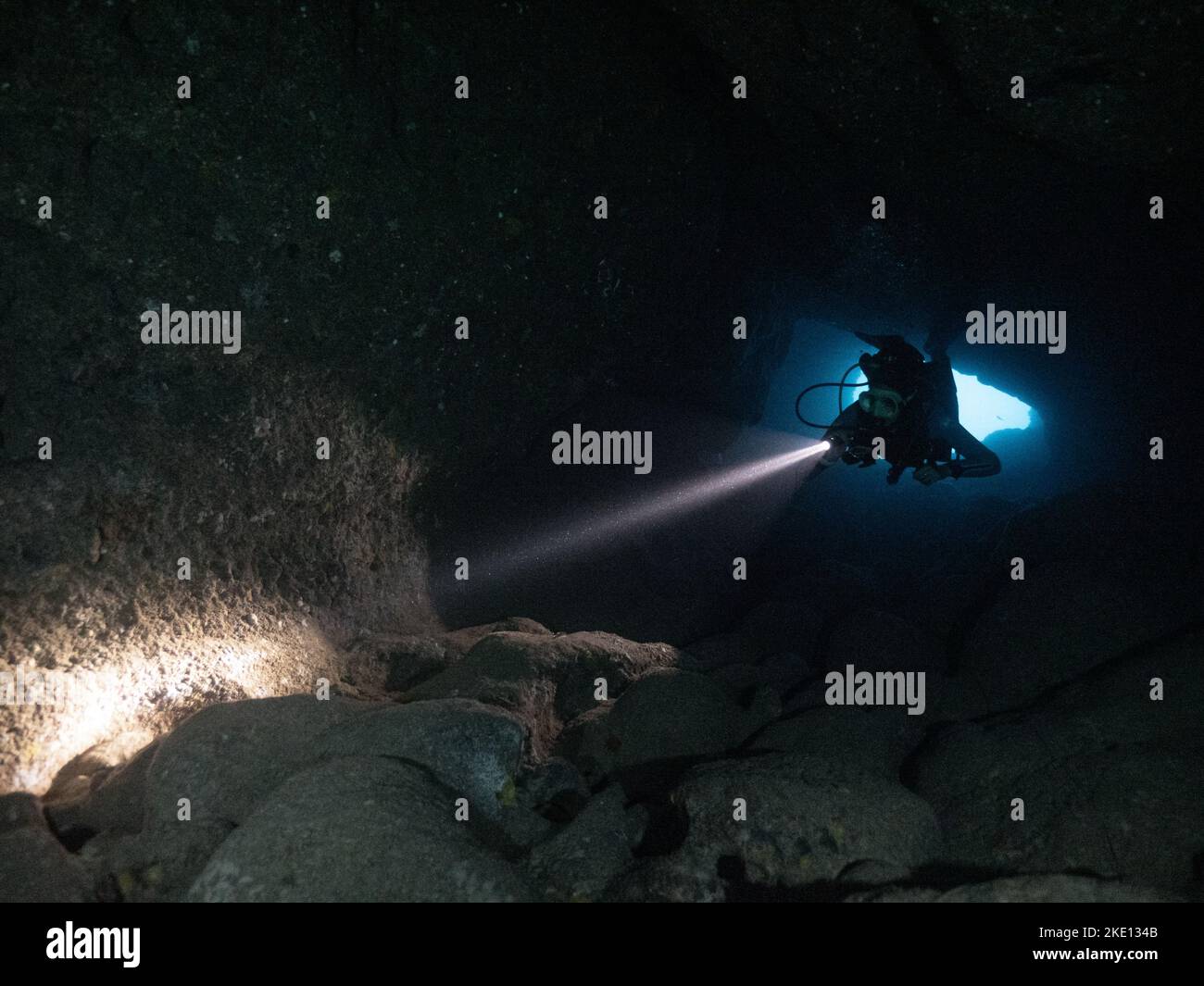 A scuba diver exploring the underwater reefs with the help of a ...