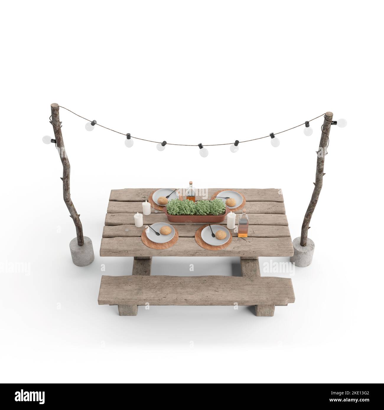 A 3D render of a picnic table decorated with hanging lights and cutlery ...