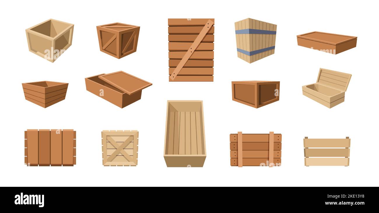 Wooden boxes. Packed empty shipping drawers and crates, cargo warehouse ...