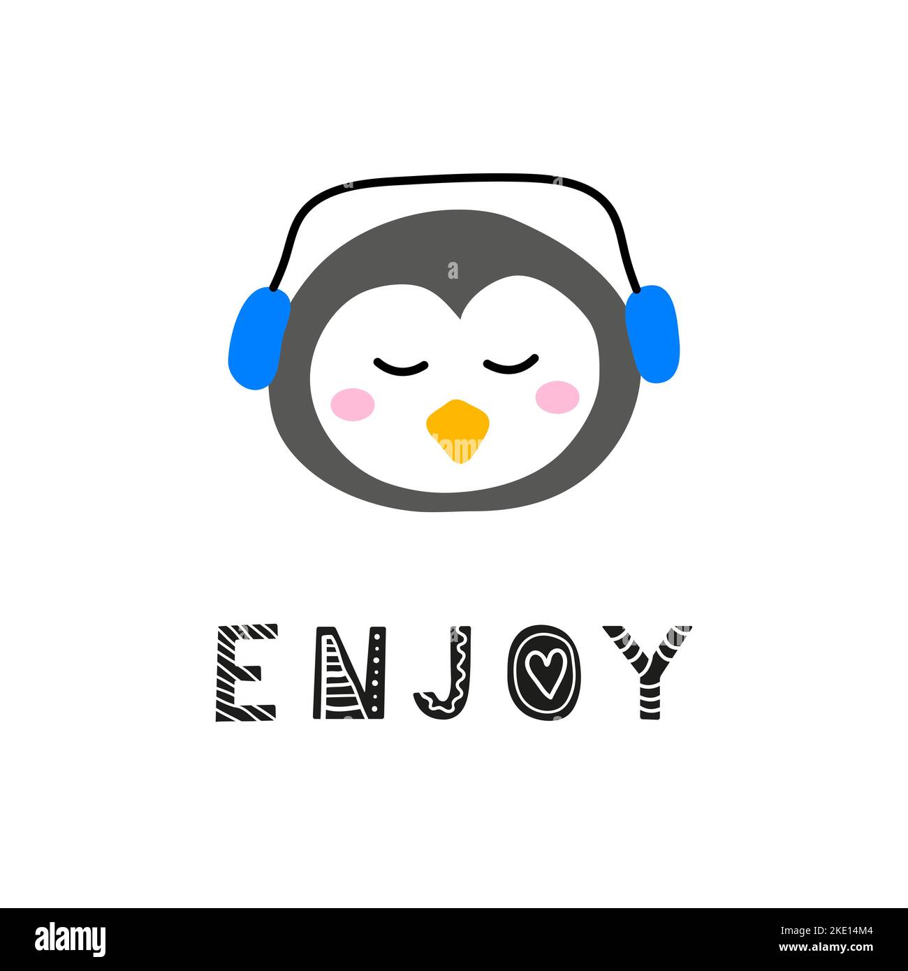 Cute hand drawn illustration with penguin face and lettering enjoy ...