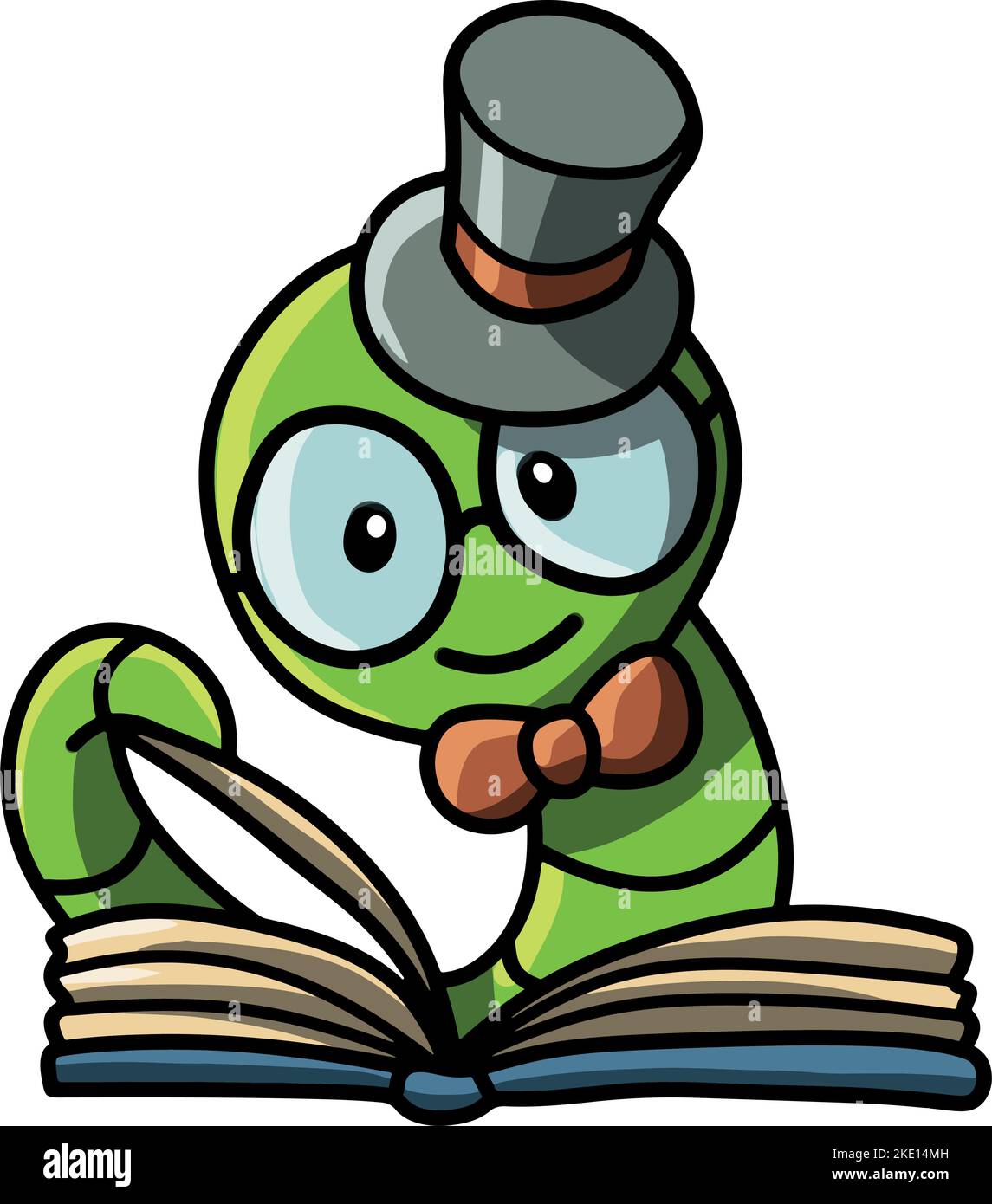 A cute cartoon-style green worm with a hat reading a book Stock Vector ...