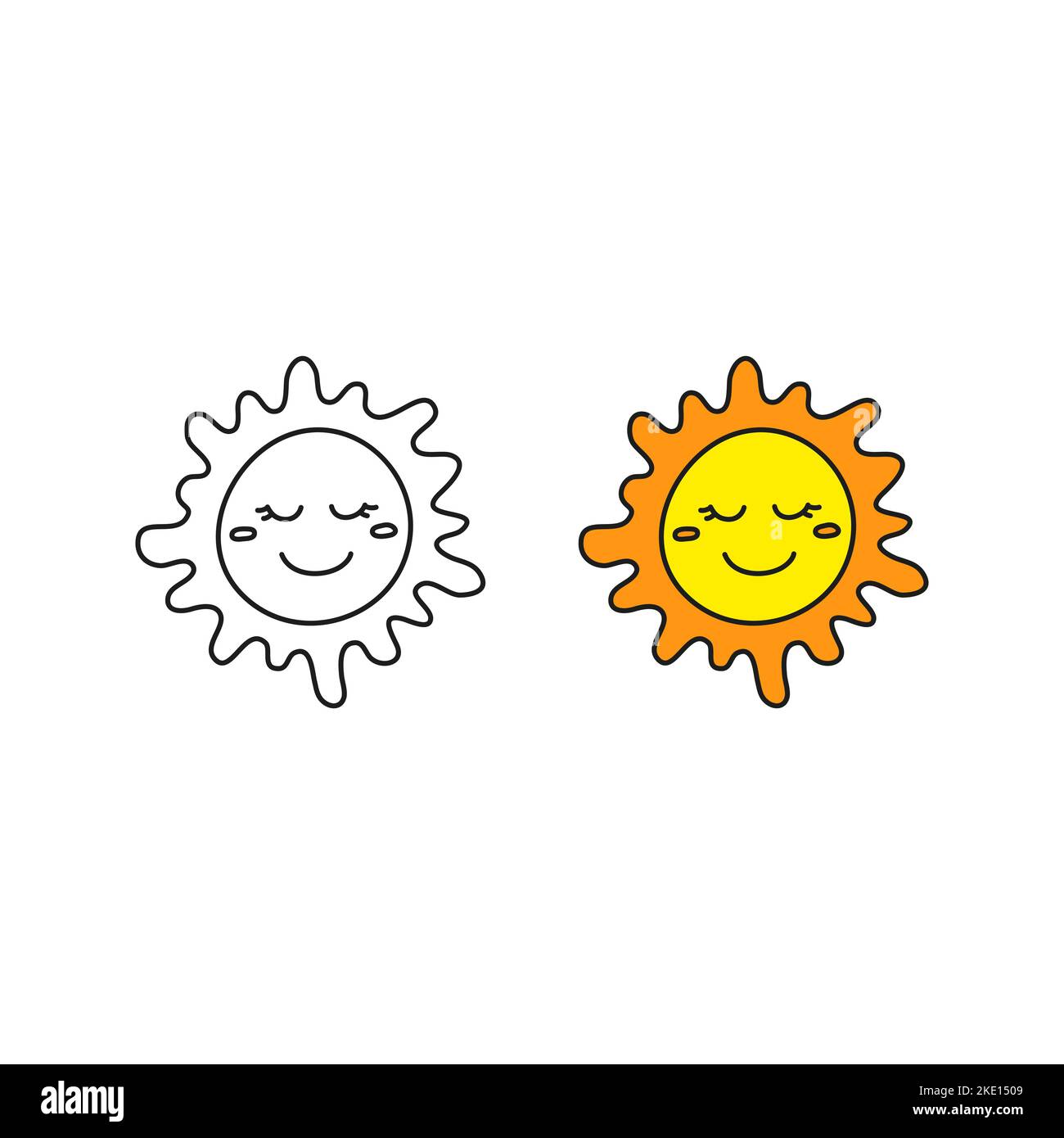 Doodle outline and colored happy smiley sun icons isolated on white ...