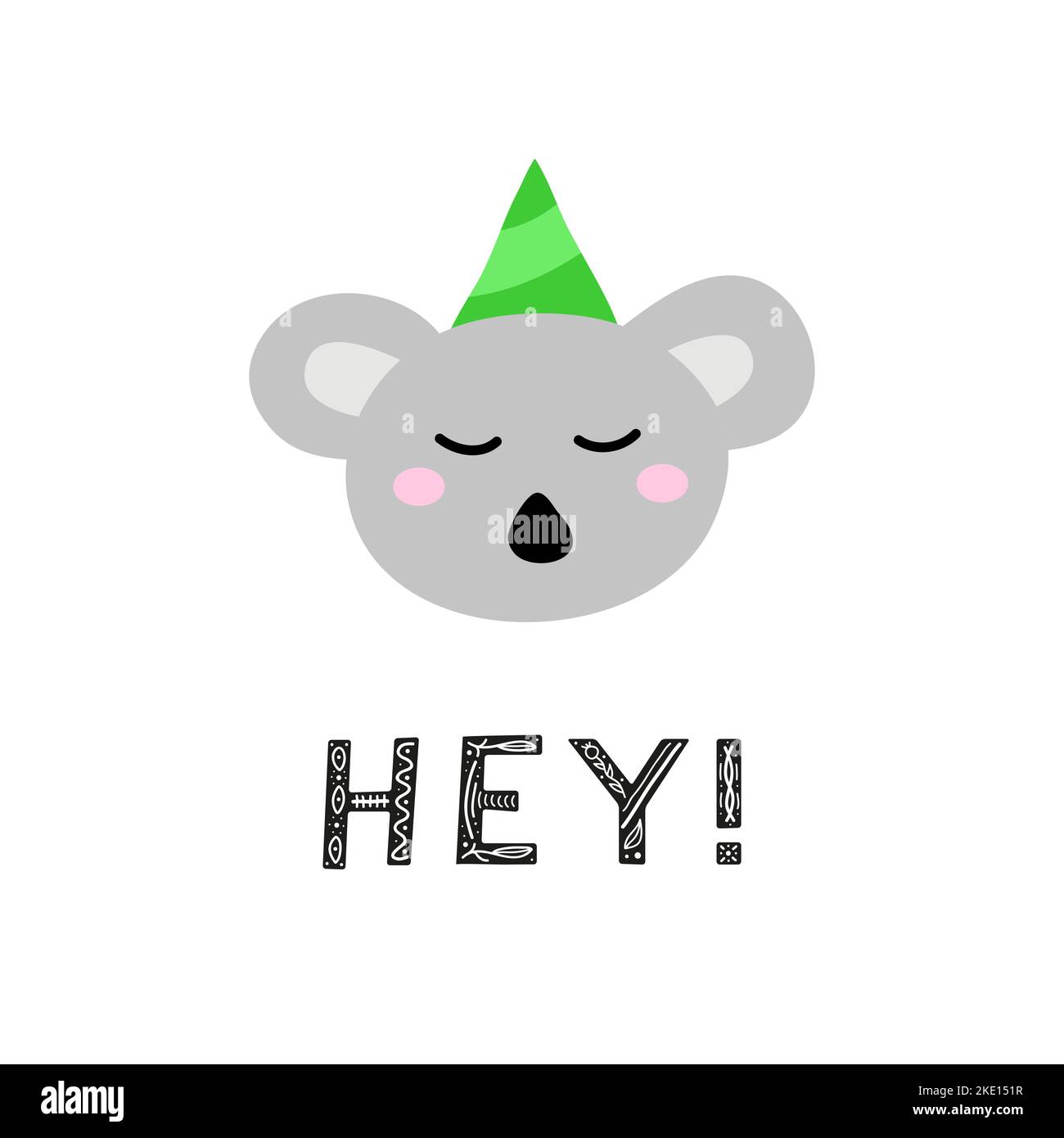 Cute hand drawn illustration with koala face and lettering hey isolated ...