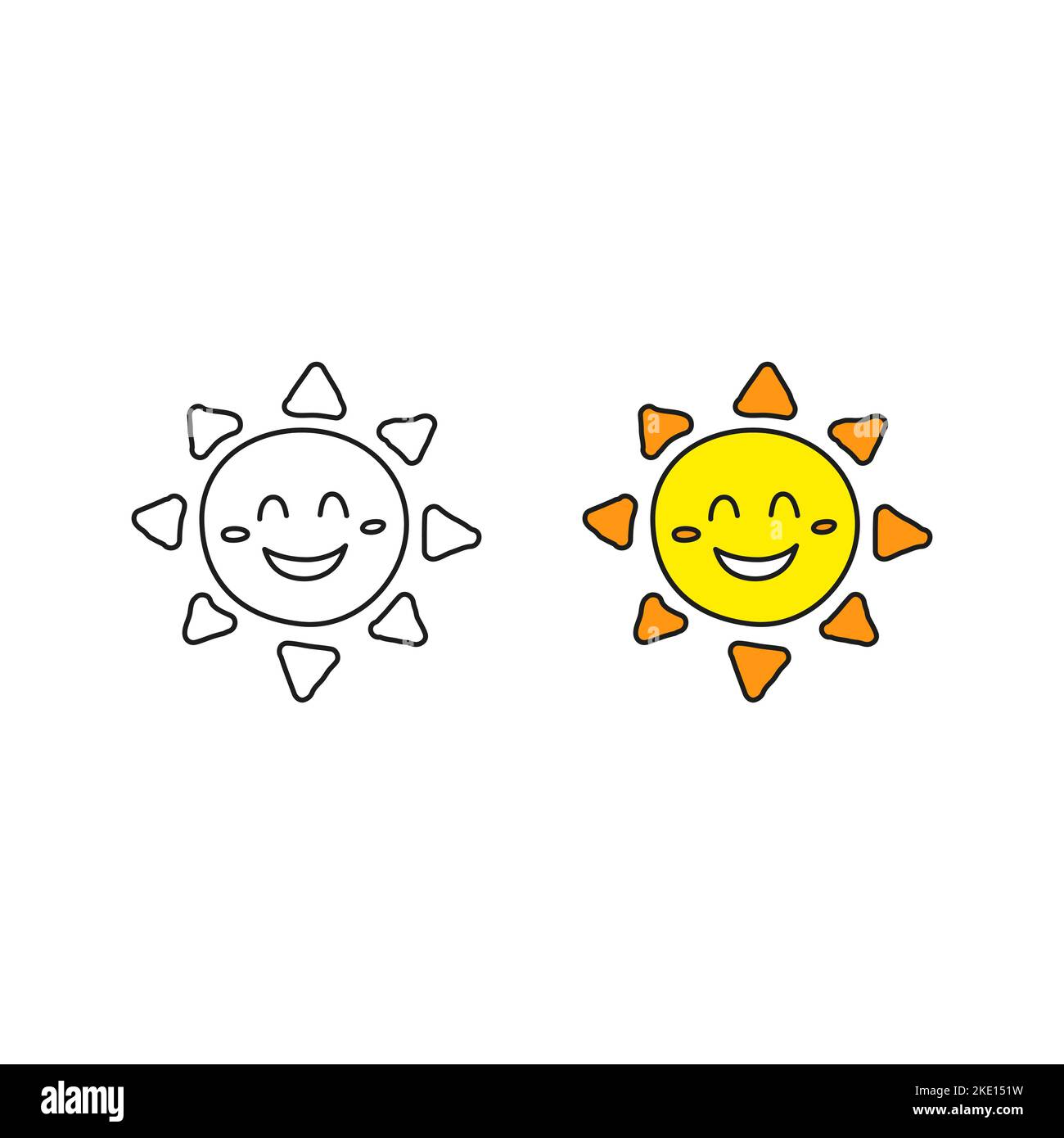 Doodle outline and colored happy smiley sun icons isolated on white ...
