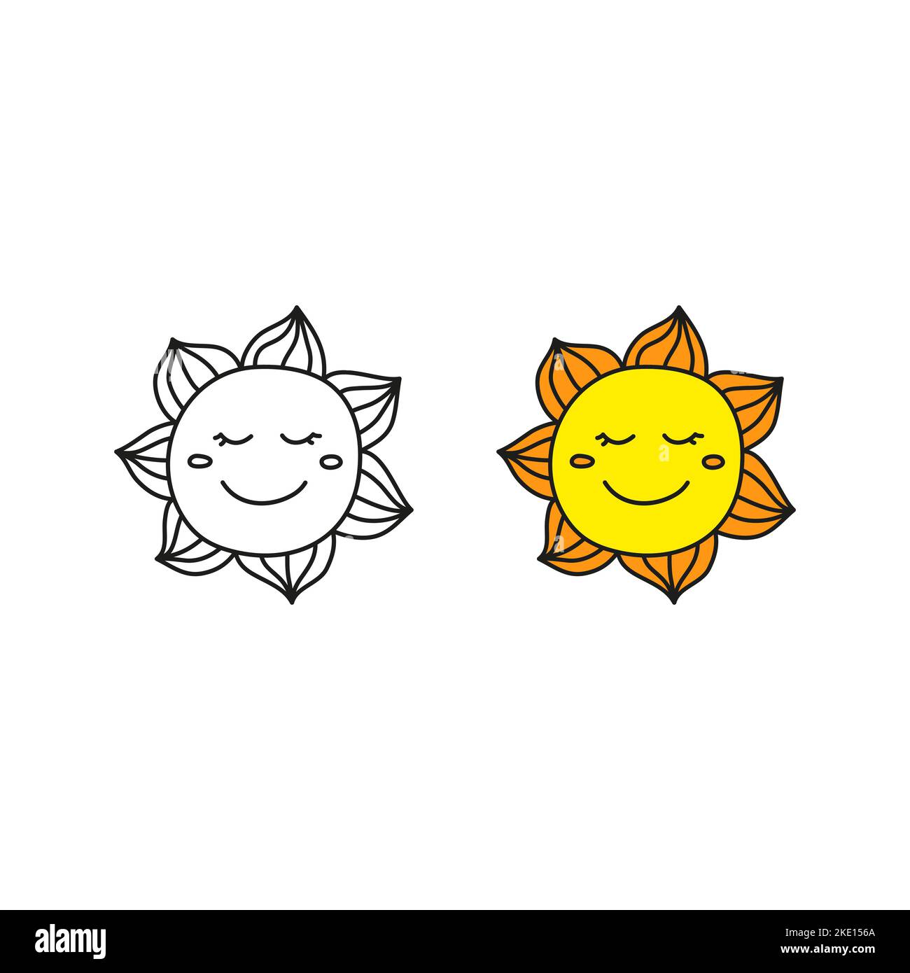 Doodle outline and colored happy smiley sun icons isolated on white ...