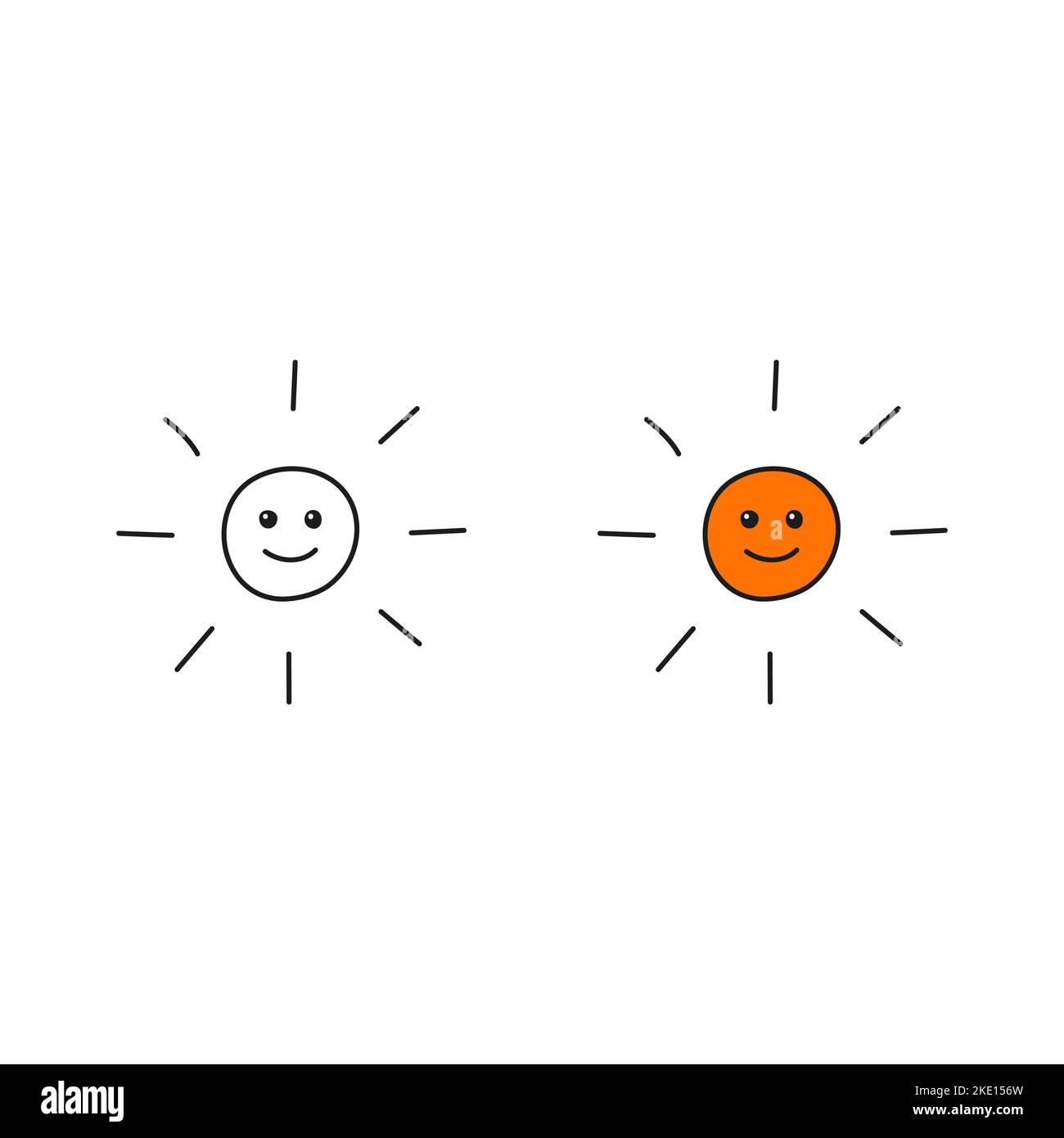Doodle outline and colored happy smiley sun icons isolated on white ...