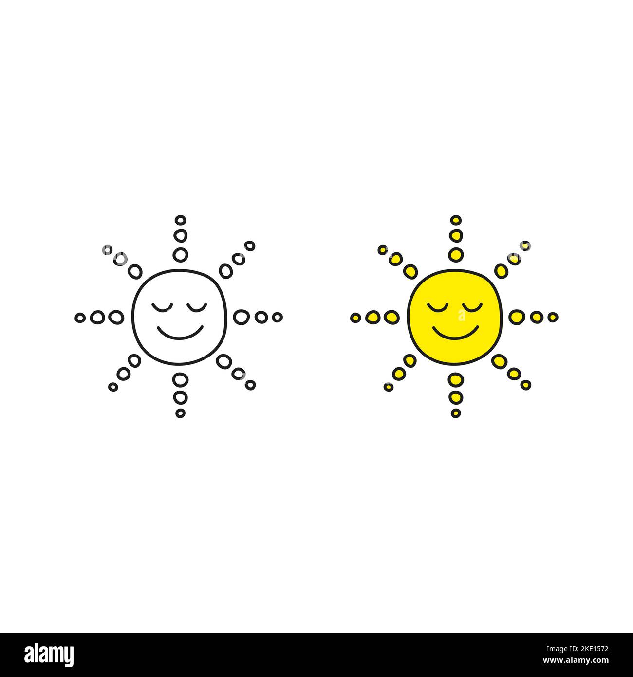 Doodle outline and colored happy smiley sun icons isolated on white ...