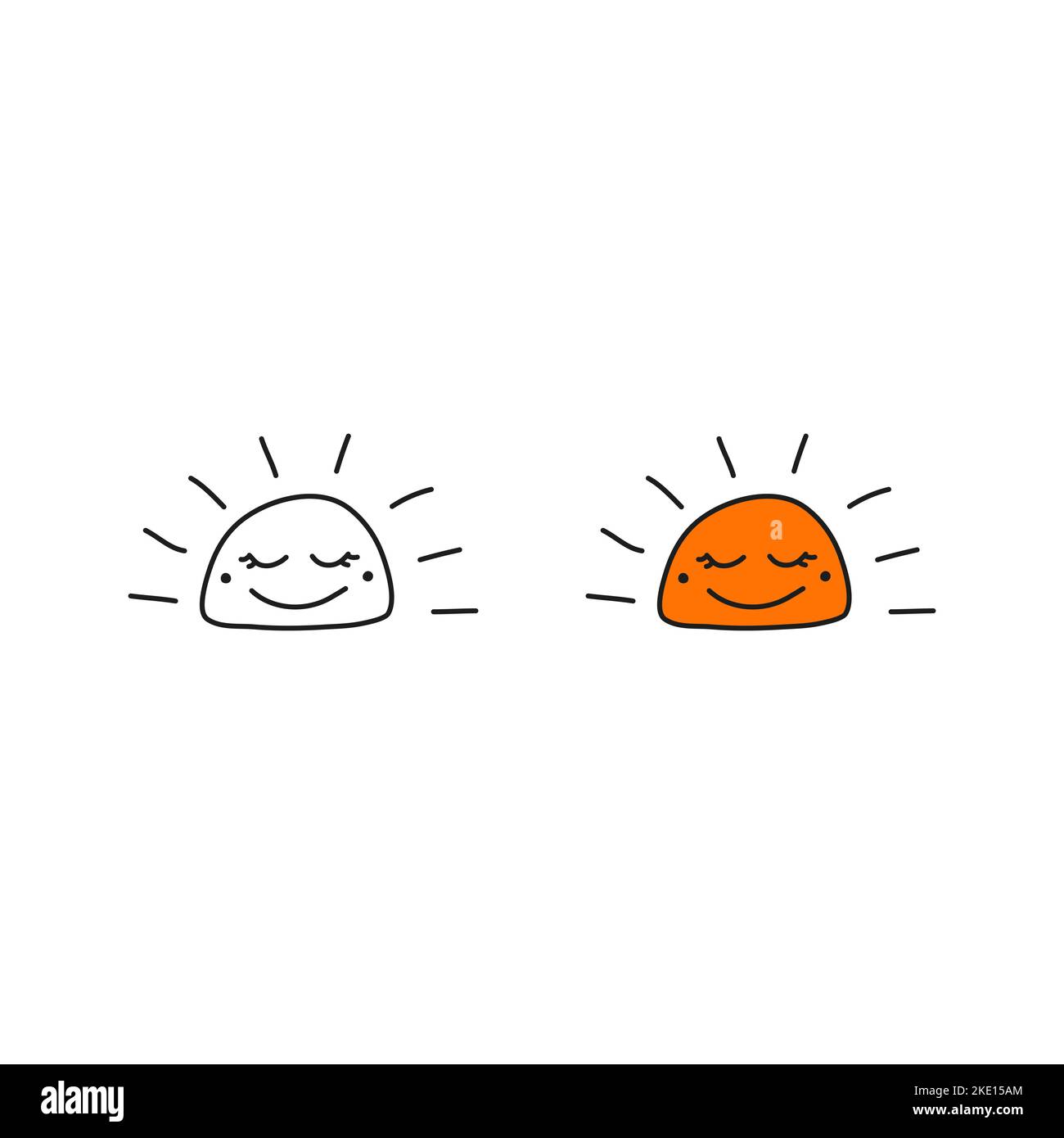 Doodle outline and colored happy smiley sun icons isolated on white ...