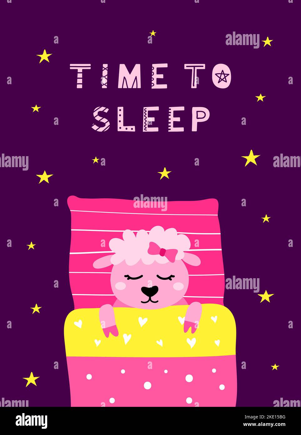 Poster with scandinavian lettering and doodle sleeping sheep in bed ...