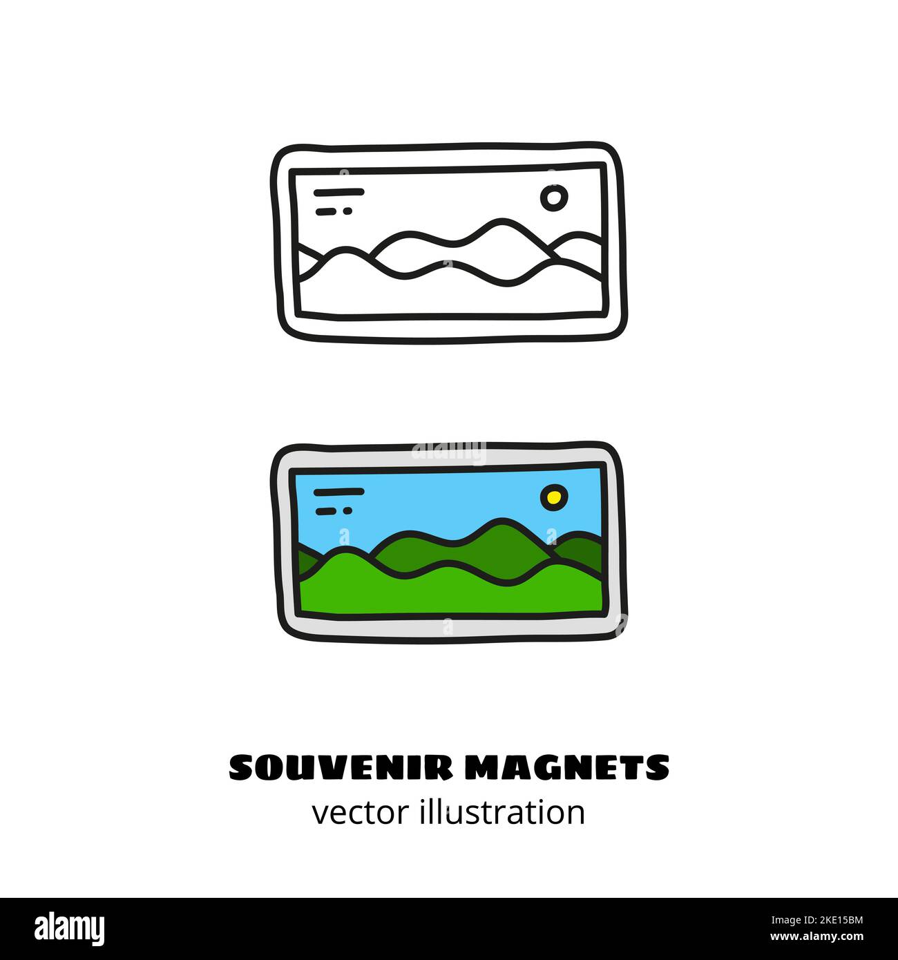 Doodle outline and colored souvenir magnet or sticker with green hills ...